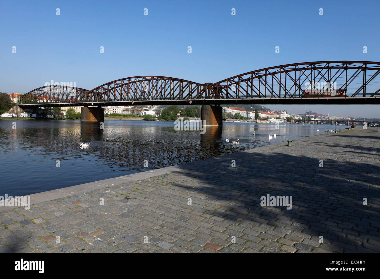 Prague, Czech Republic, railroad bridge over Vltava River, steel ...