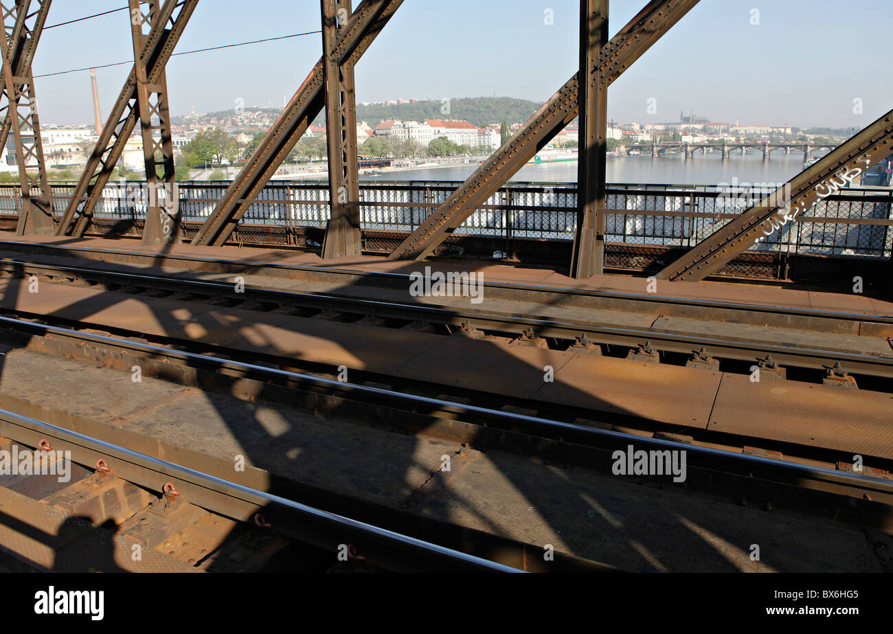 Prague, Czech Republic, steel columns and railroad tracks, Railroad ...