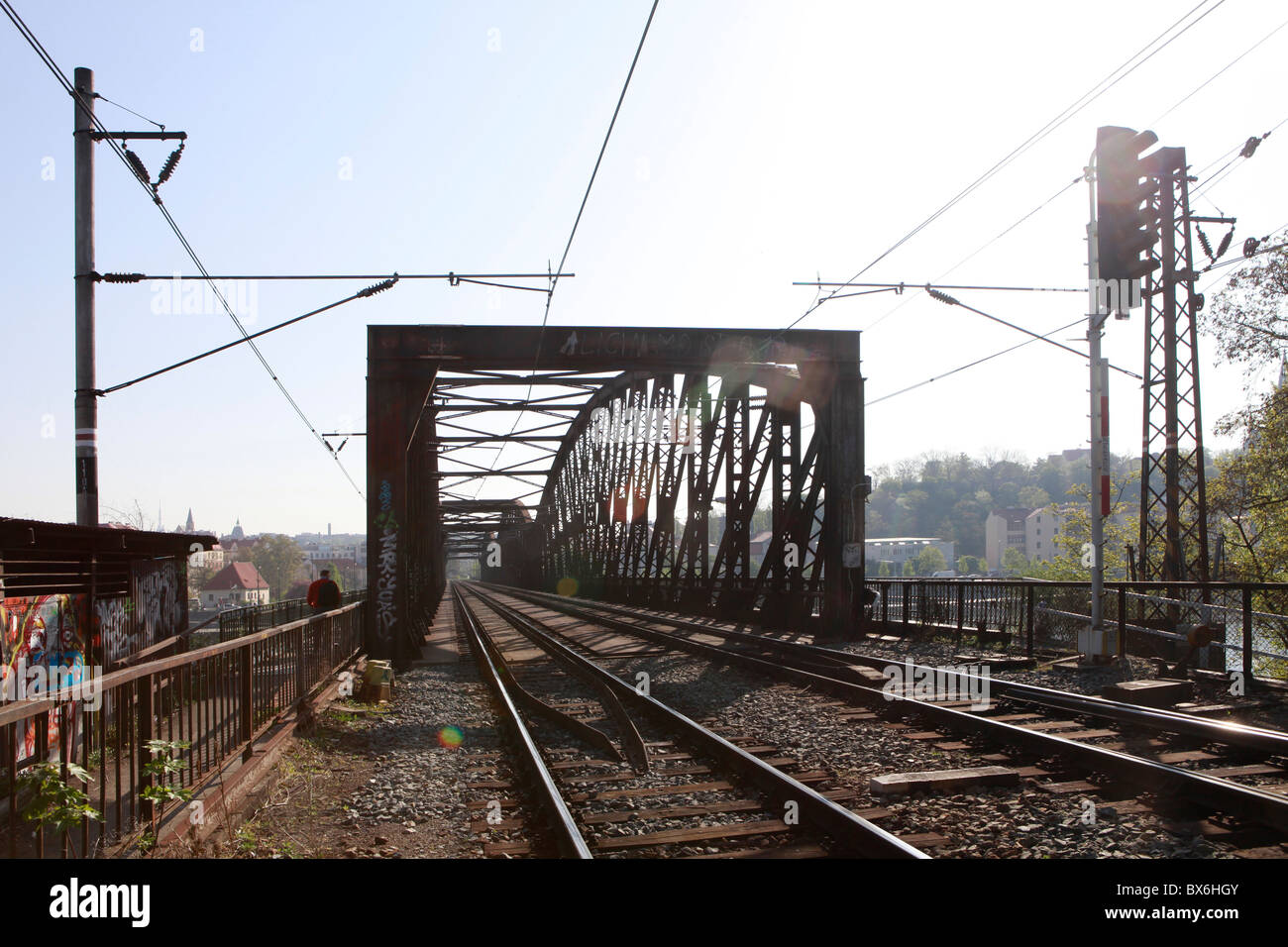 Prague, train tracks leading to steel Railroad Bridge. (CTK Photo ...
