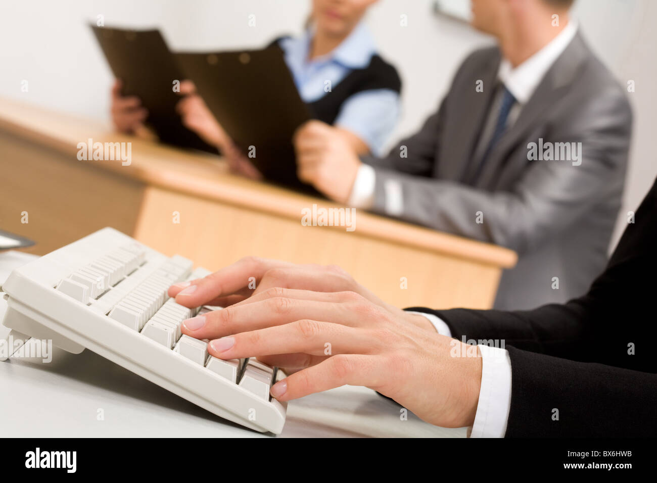 Photo of female’s hands pushing buttons of computer keyboard with ...