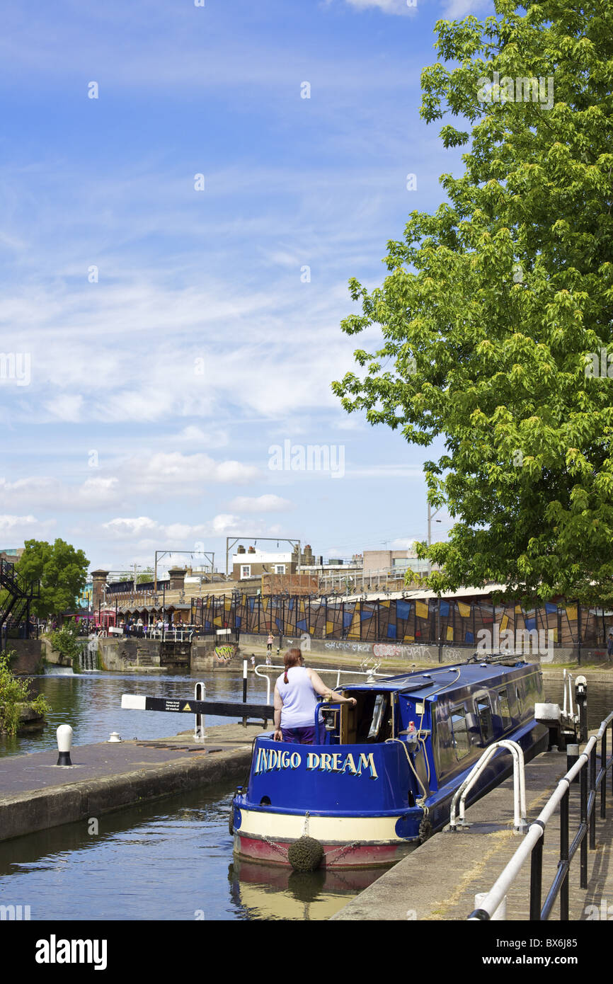 Canal boat negotiating a lock, Camden Lock, London, England, United ...