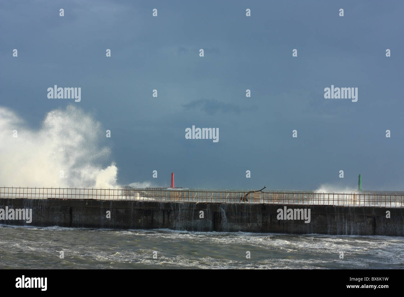 Waves pound AnPing Port ahead of Typhoon Linfa. Tainan, Taiwan. June 20 ...