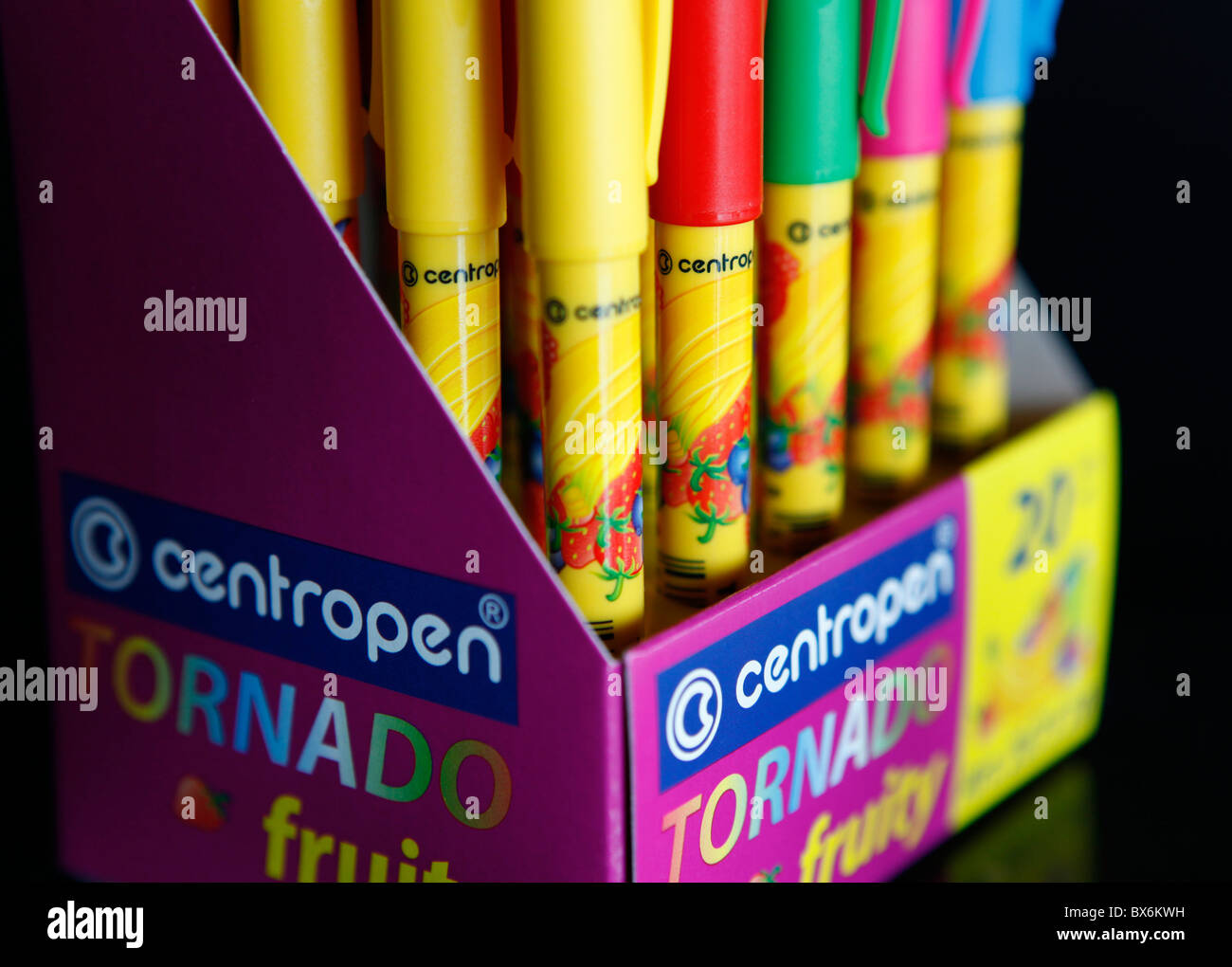 A box with new series of triangular shaped pens for first-graders ...