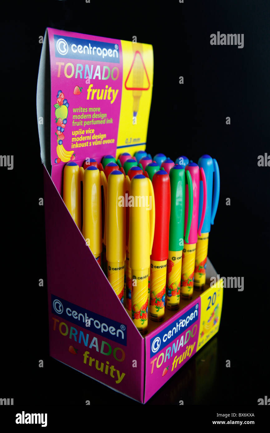 A box with new series of triangular shaped pens for first-graders ...