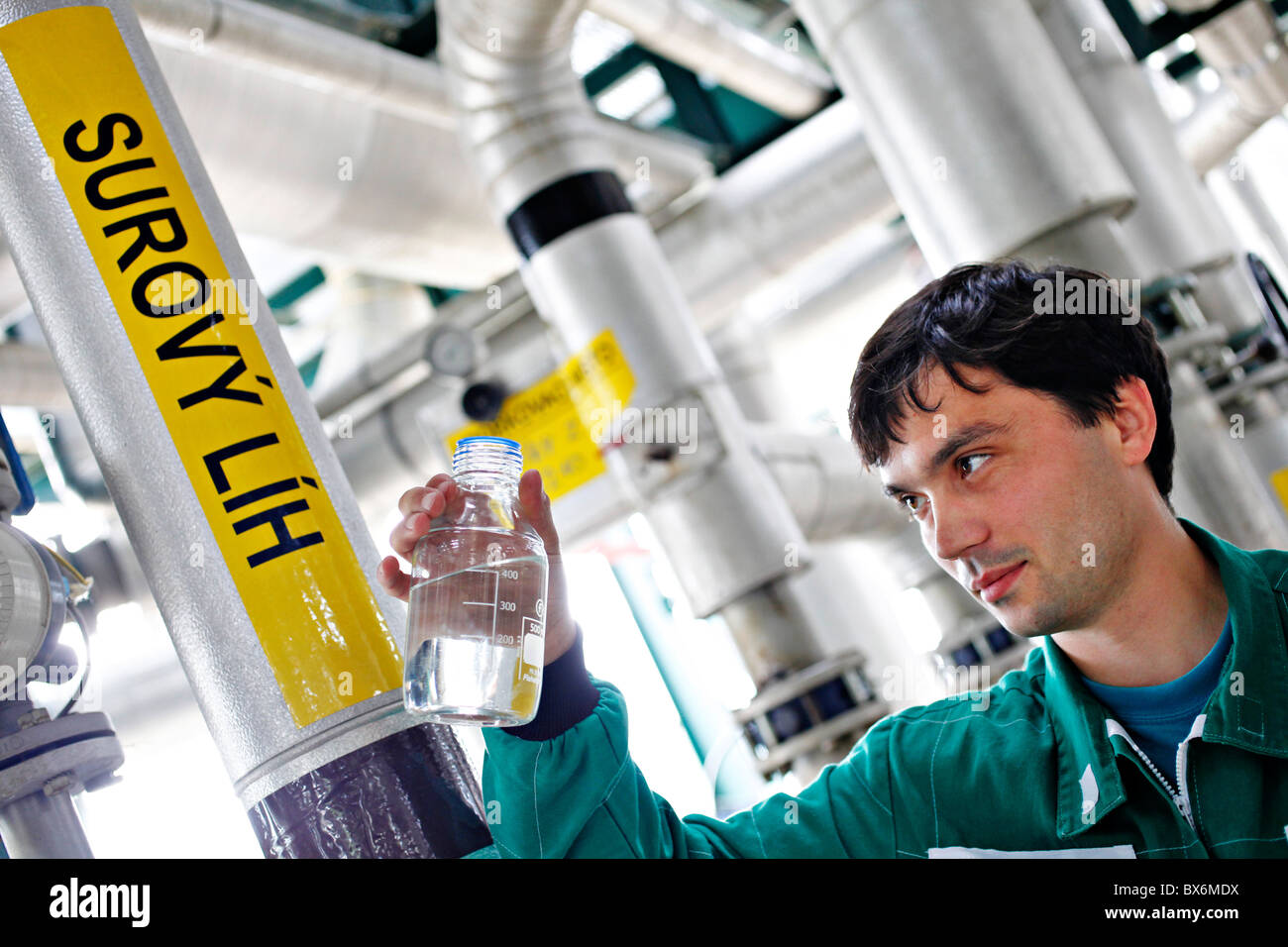 Chemist, production of crude spirit, pipeline, sample, bulb Stock Photo ...