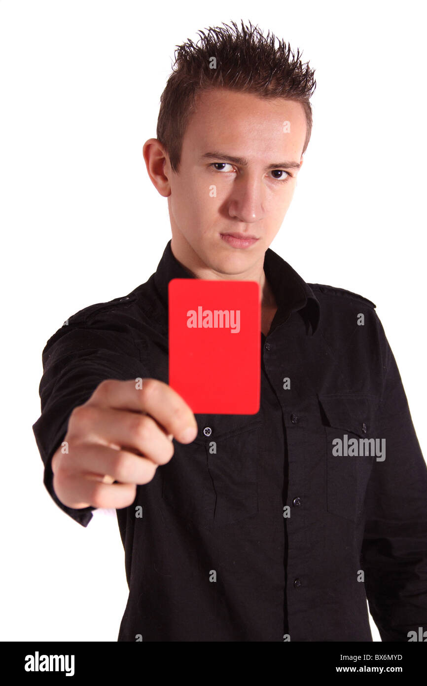A young handsome man shows someone a red card. All isolated on white ...