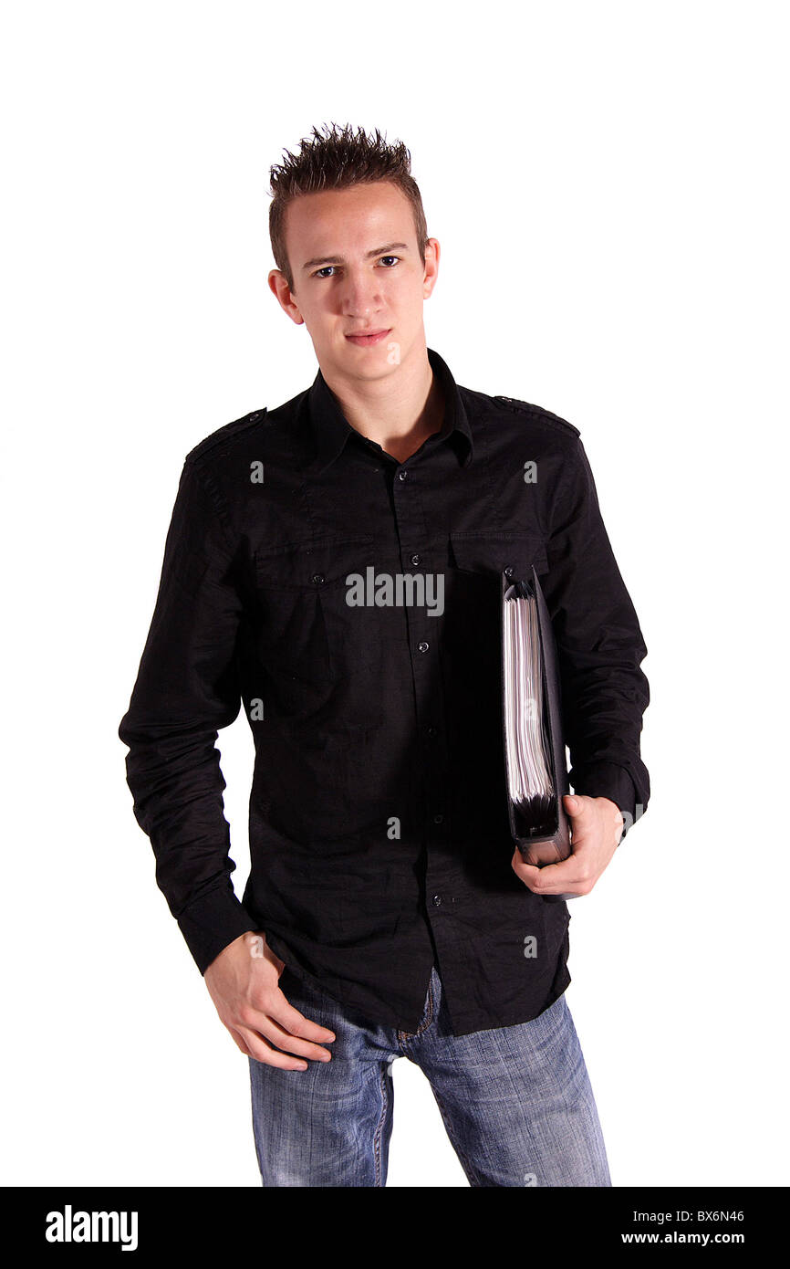 A motivated student standing in front of a plain white background Stock ...