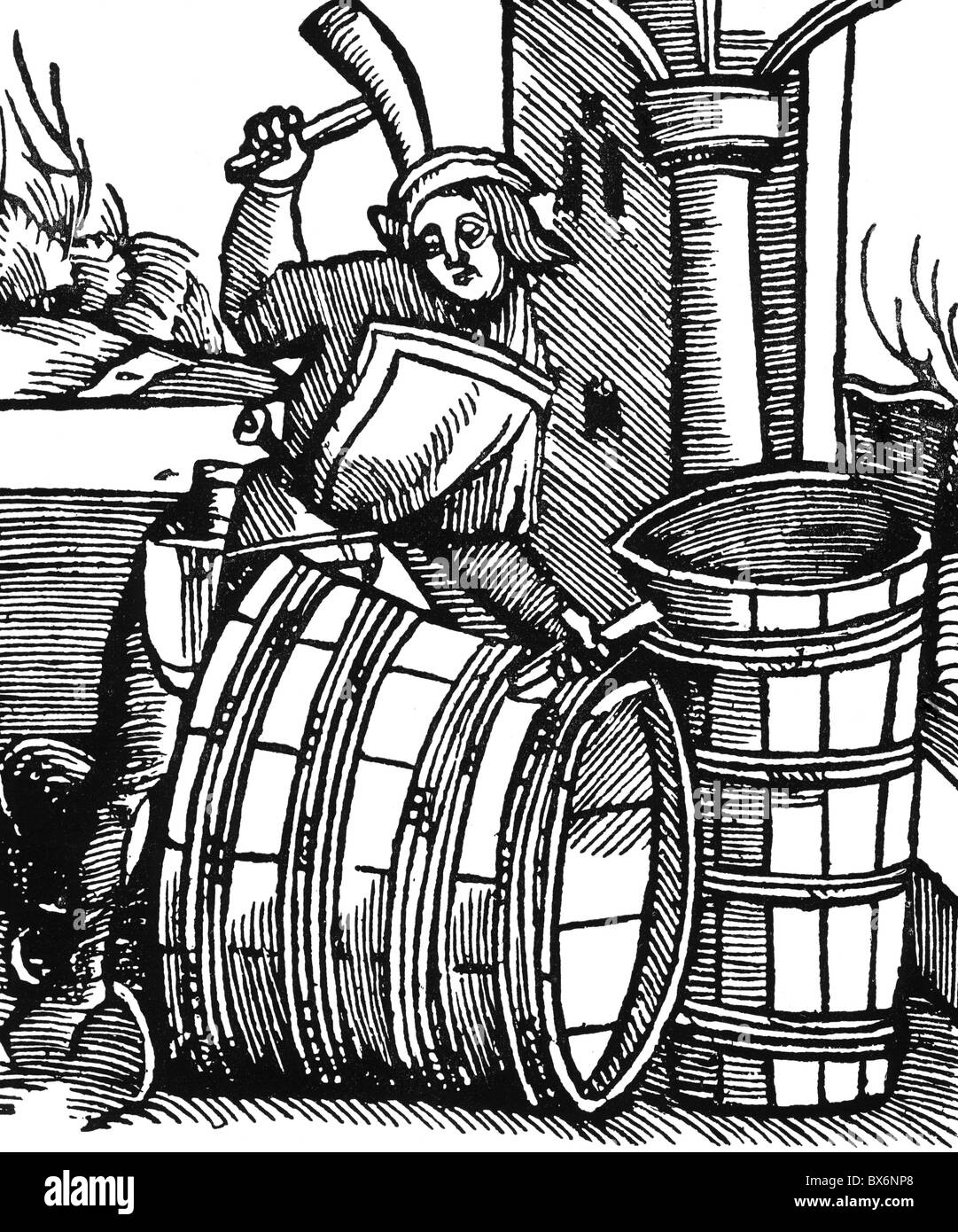 people, professions, cooper, hammering a hoop on a cask, woodcut ...