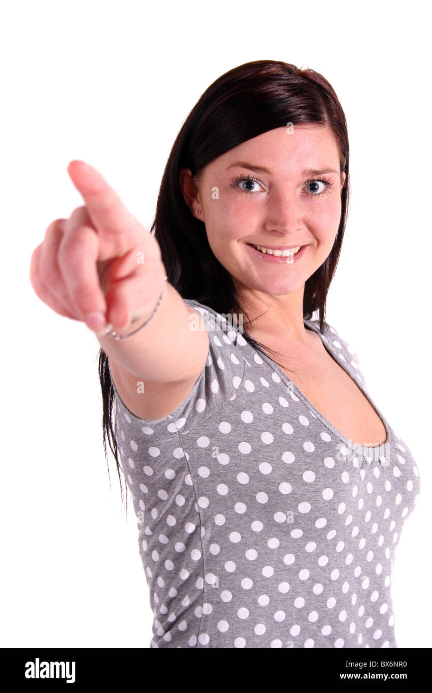 Attractive woman pointing with finger. All on white background Stock ...