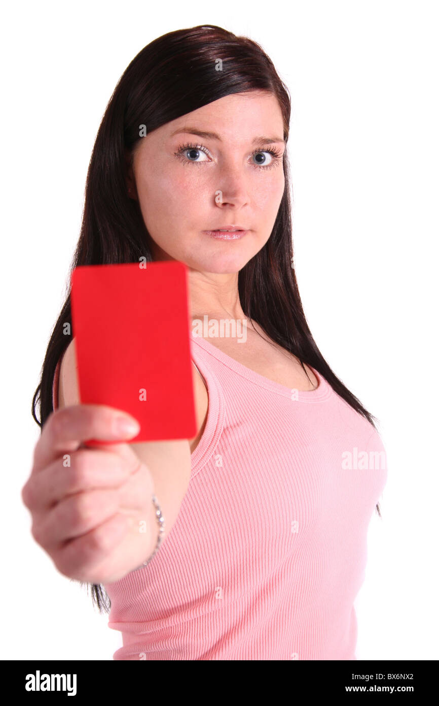 Attractive young woman showing a red card. All on white background ...