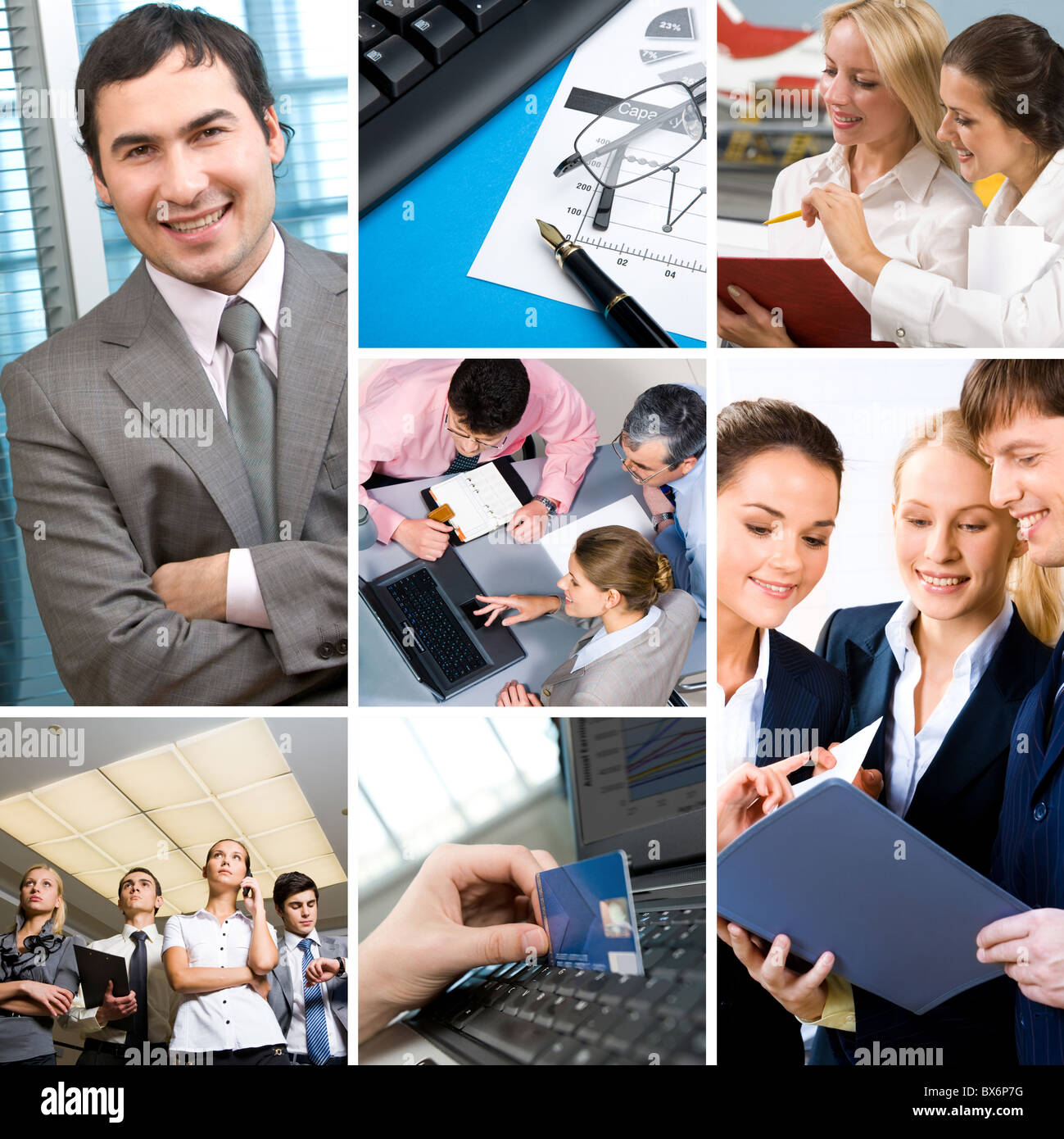 Collage with businesspeople: leader, teamwork, communication and ...