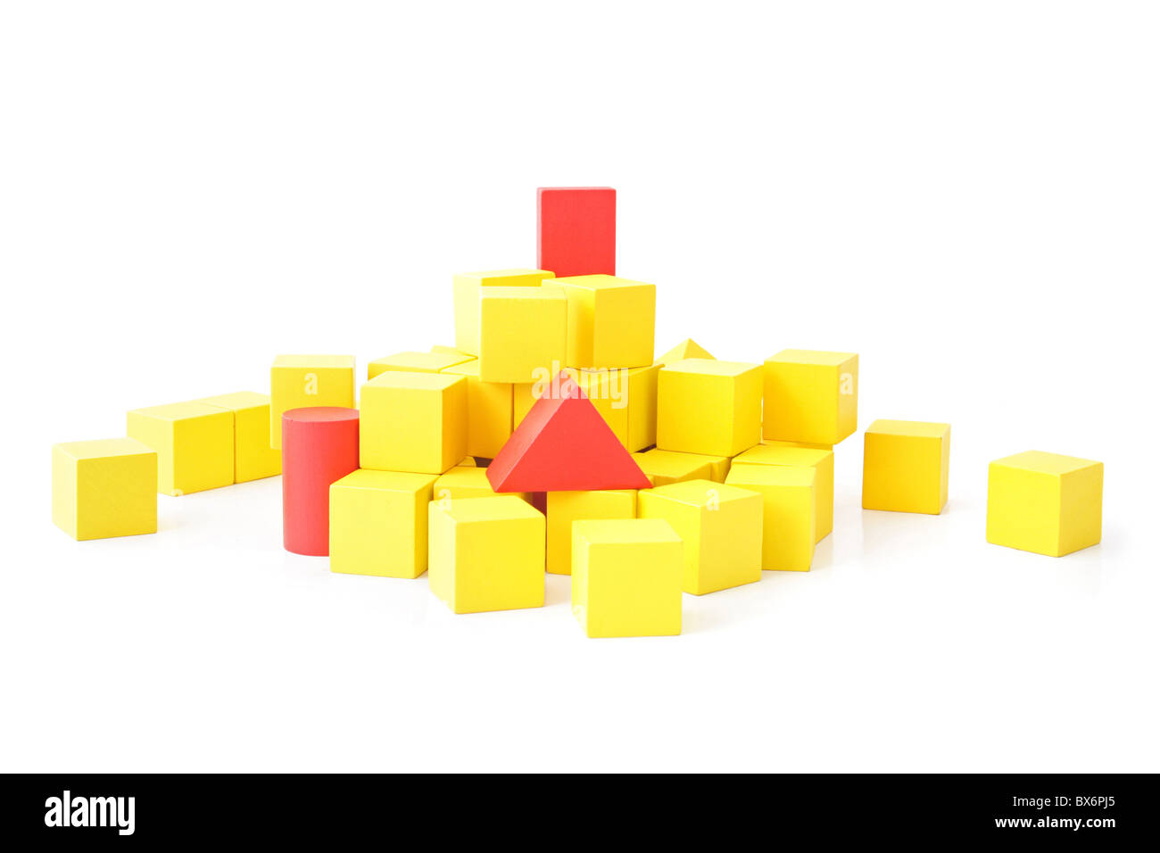 A pile of yellow blocks with single red blocks. All isolated on white ...