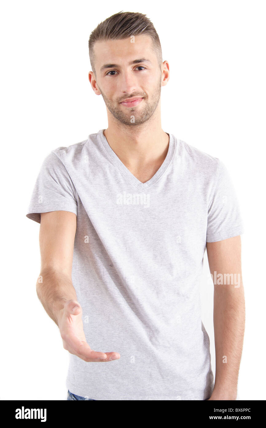 A helpful man offers his assistance. All isolated on white background ...