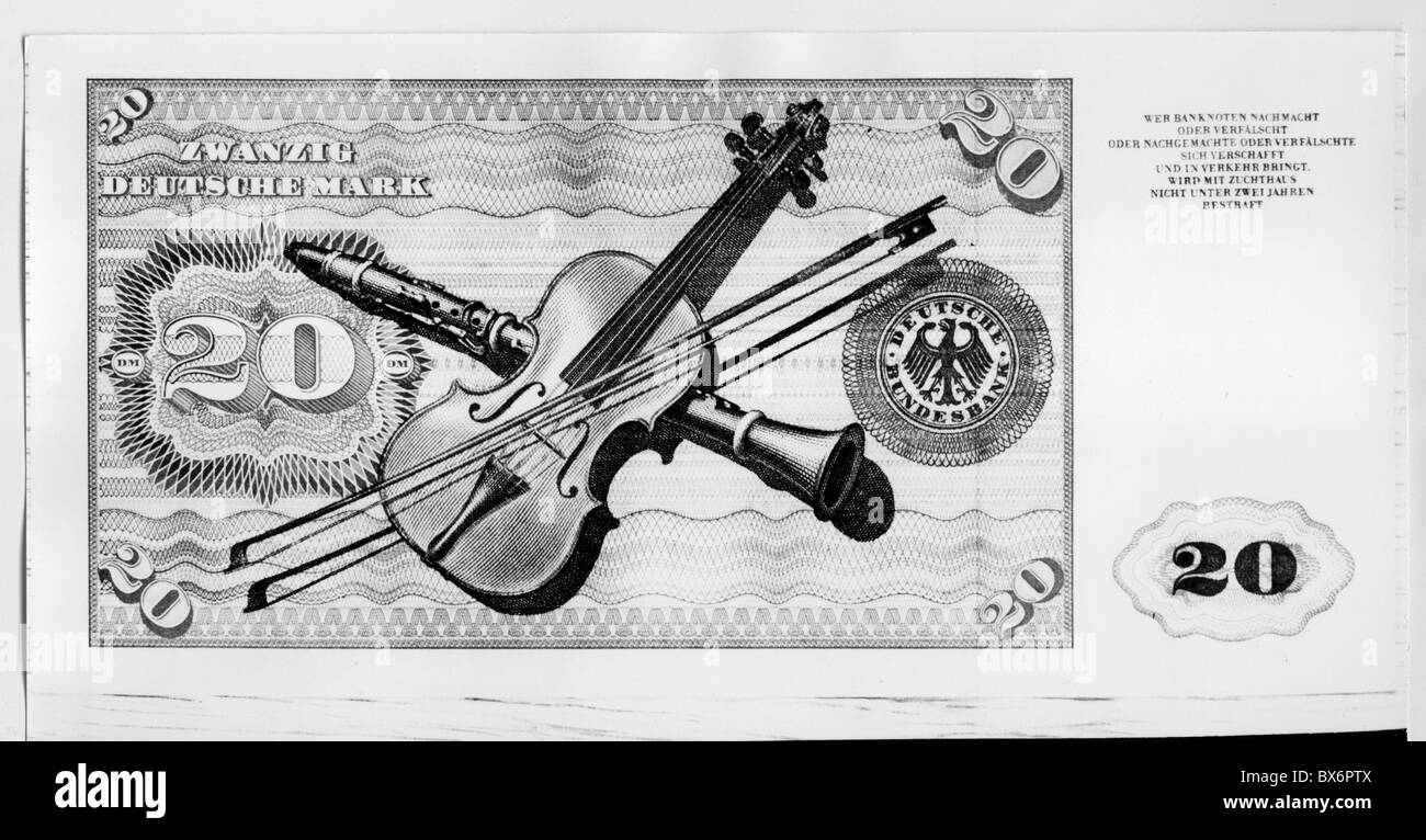 money / finance, banknotes, Germany, 20 Deutsche Mark, first issue ...