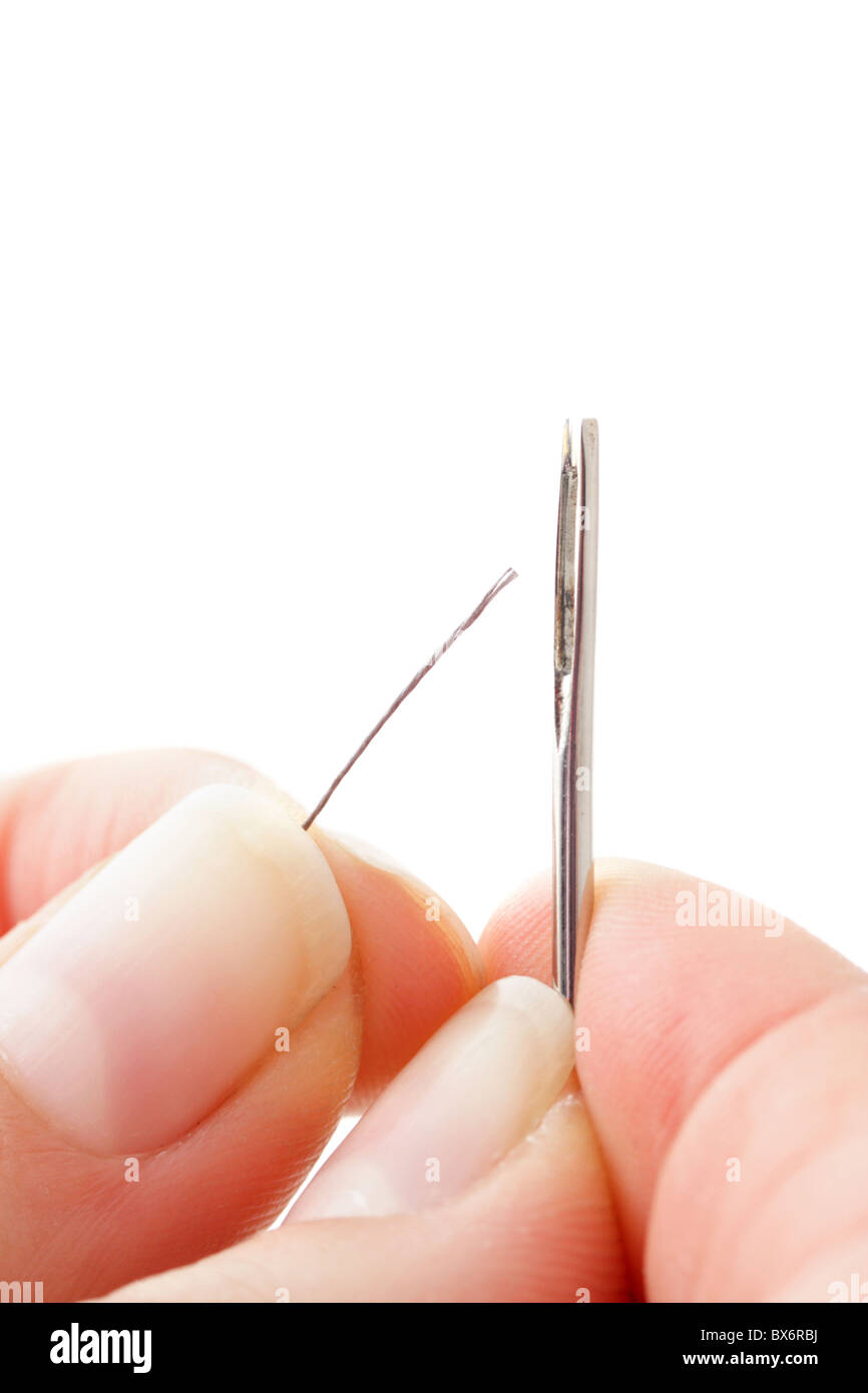 A person threading a thread. All isolated on white background Stock ...