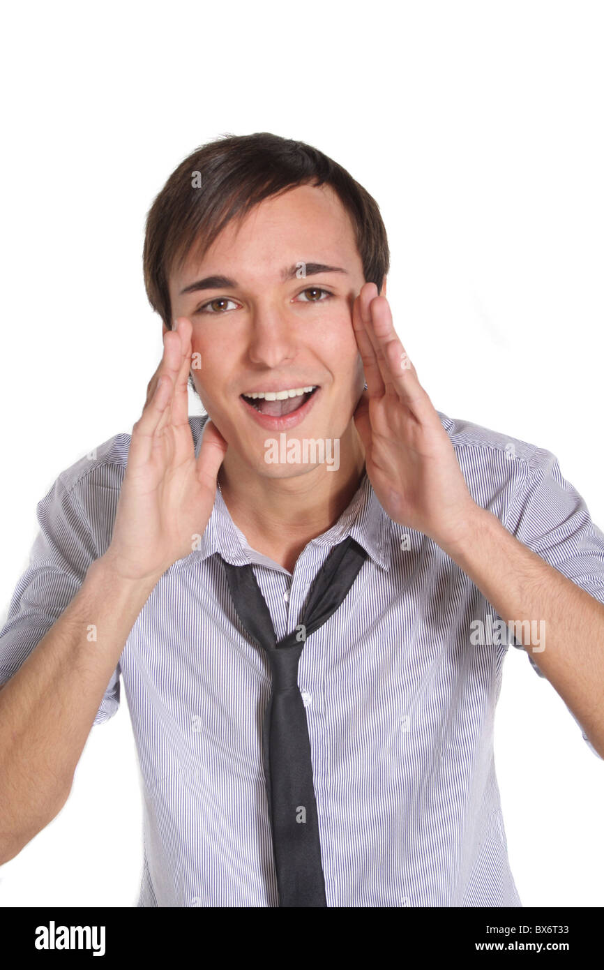 A handsome young man yelling. All isolated on white background Stock ...