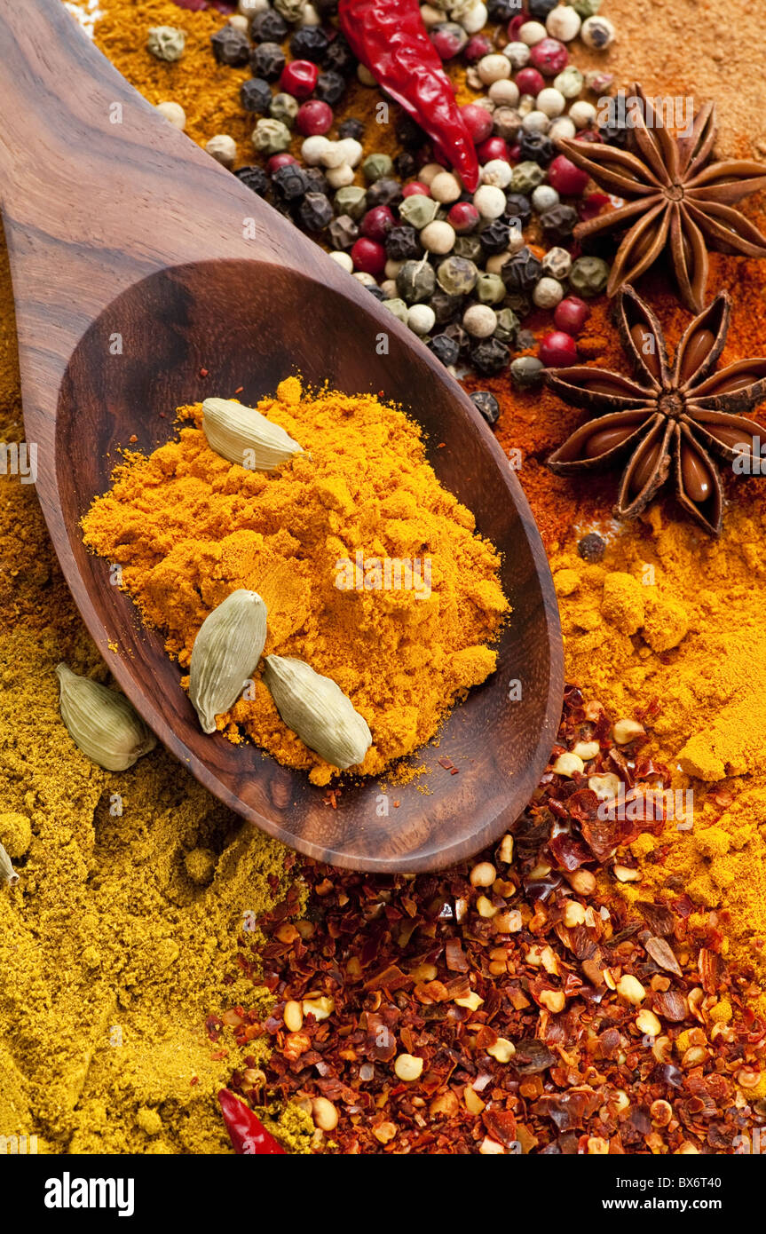 Exotically colorful spice mix with different power and grain and teak ...
