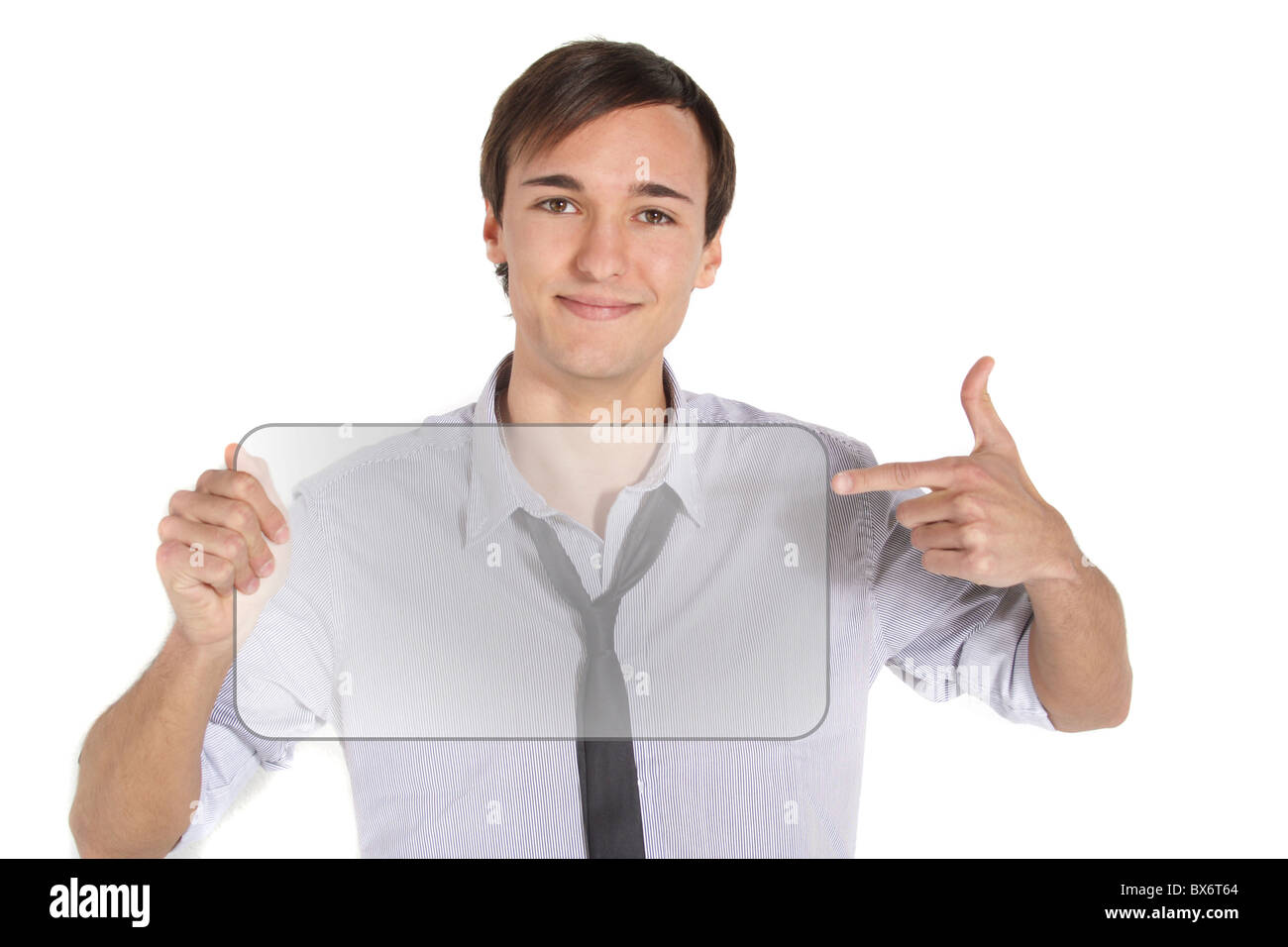 A handsome young man holding an illustrated sign. All isolated on white ...