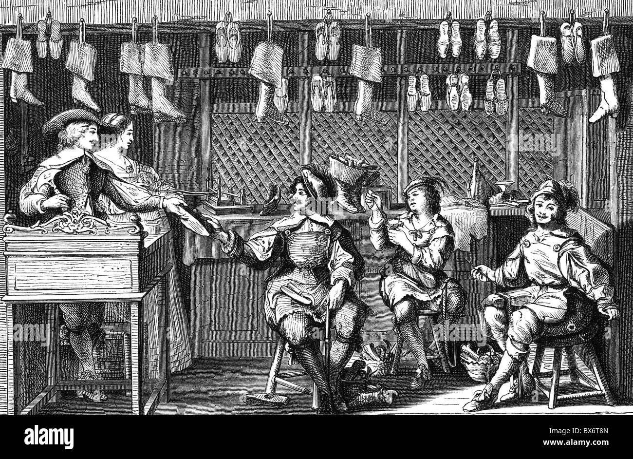 people, professions, shoemaker, shop, copper engraving by Abraham Bosse ...