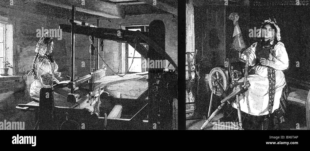 people, professions, weaver, female weaver in Lithuania, wood engraving ...