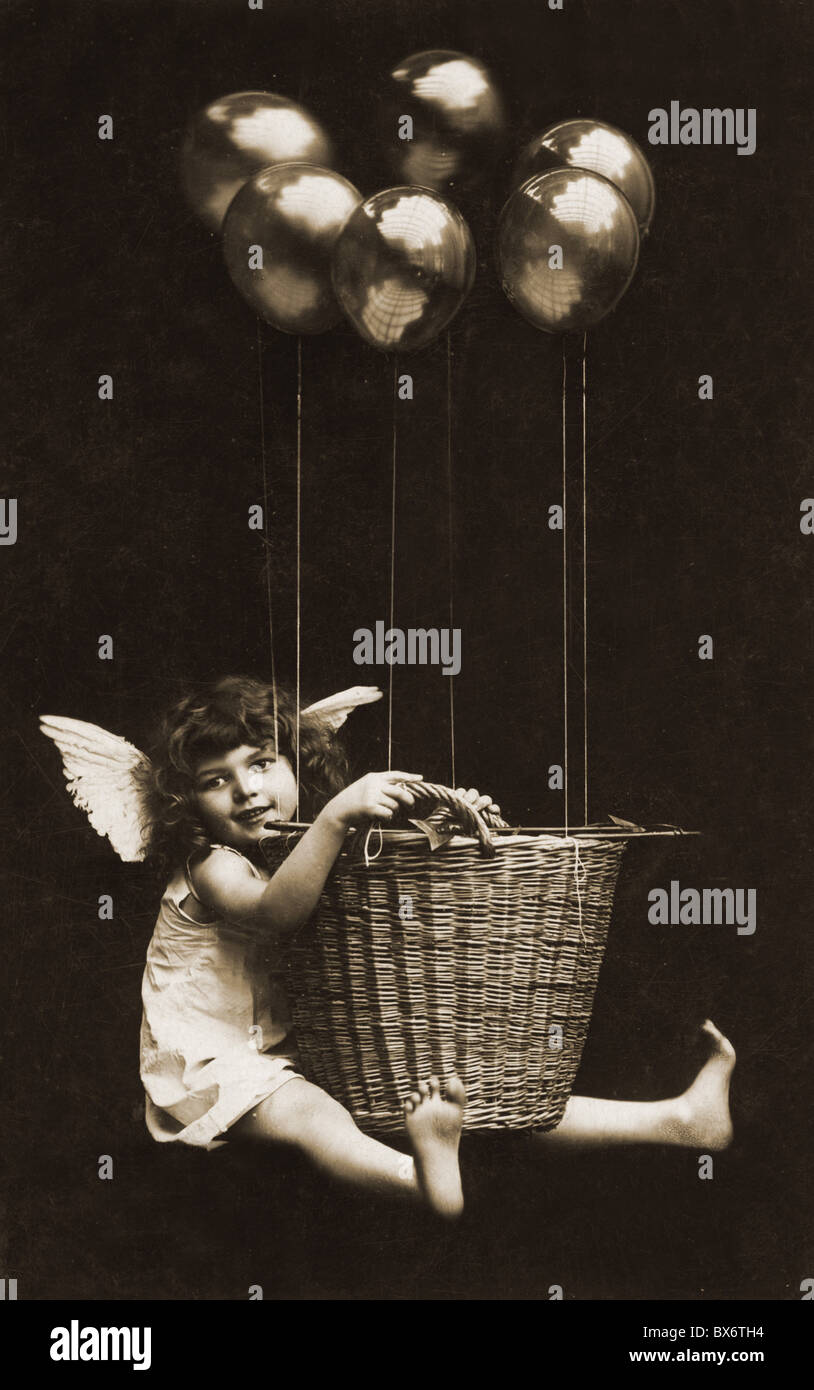 kitsch, postcards, angel with basket, balloons, circa 1910, Additional ...
