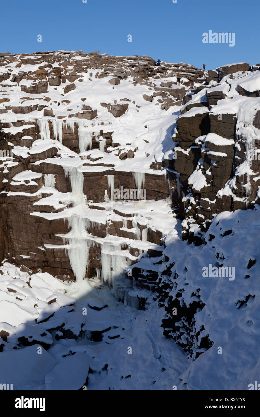 Walkers above a frozen Kinder Downfall in the Dark Peak part of the ...
