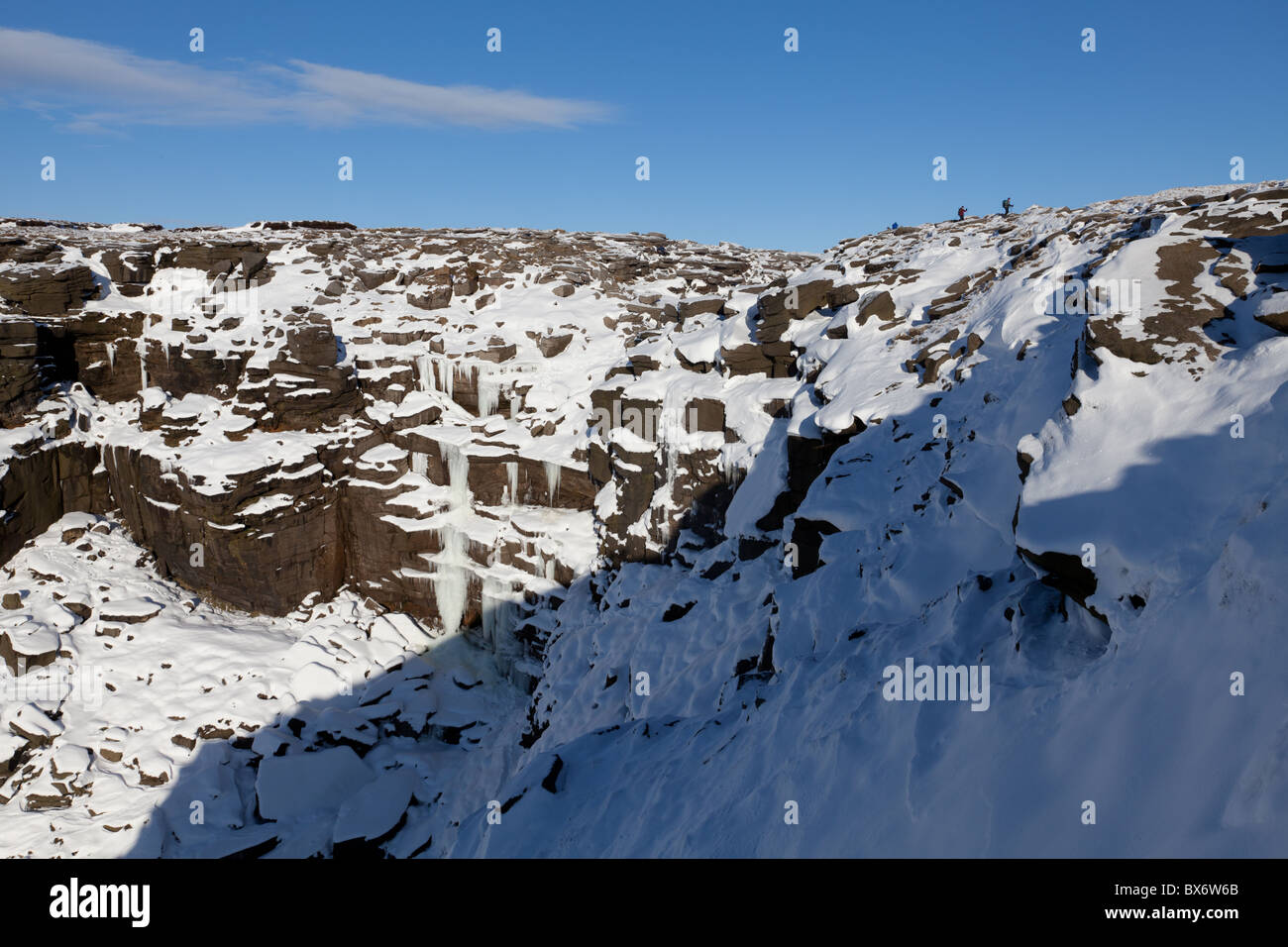 Walkers above a frozen Kinder Downfall in the Dark Peak part of the ...