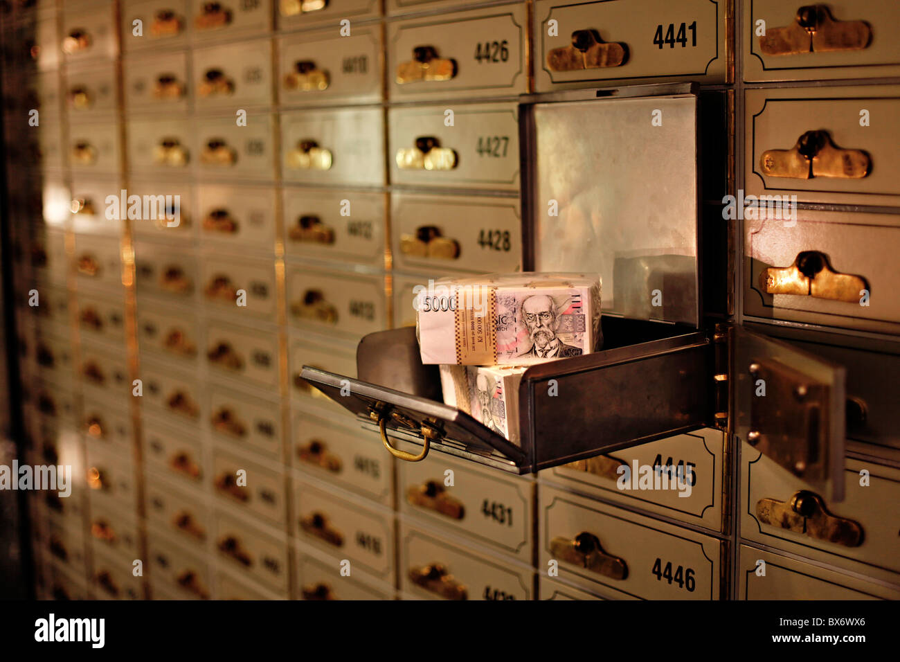 Mock-up 5000 CZK (Czech Crowns) bank notes displayed in a safe-deposit ...