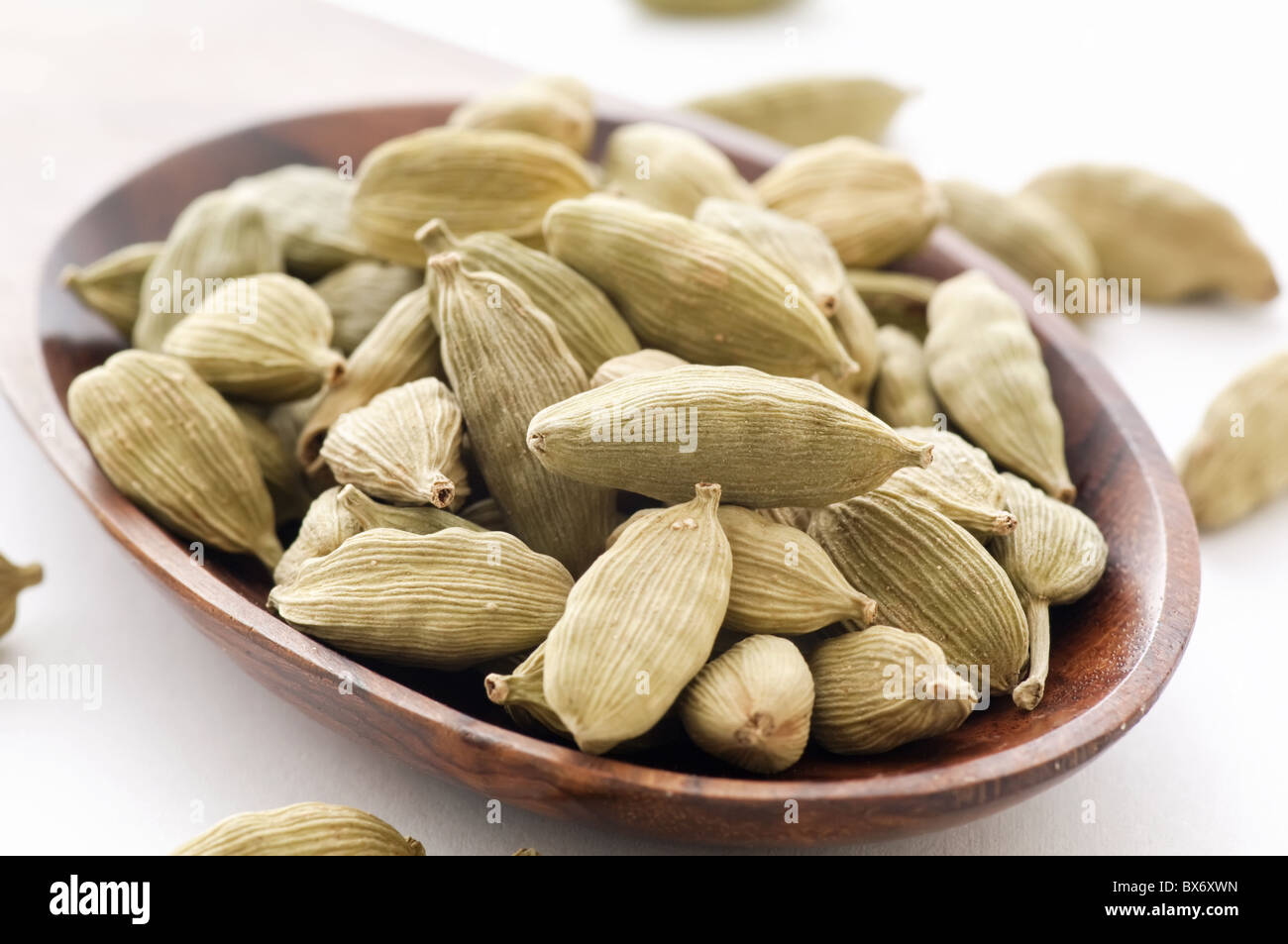 Green cardamom seed as closeup on teak spoon on white background Stock ...