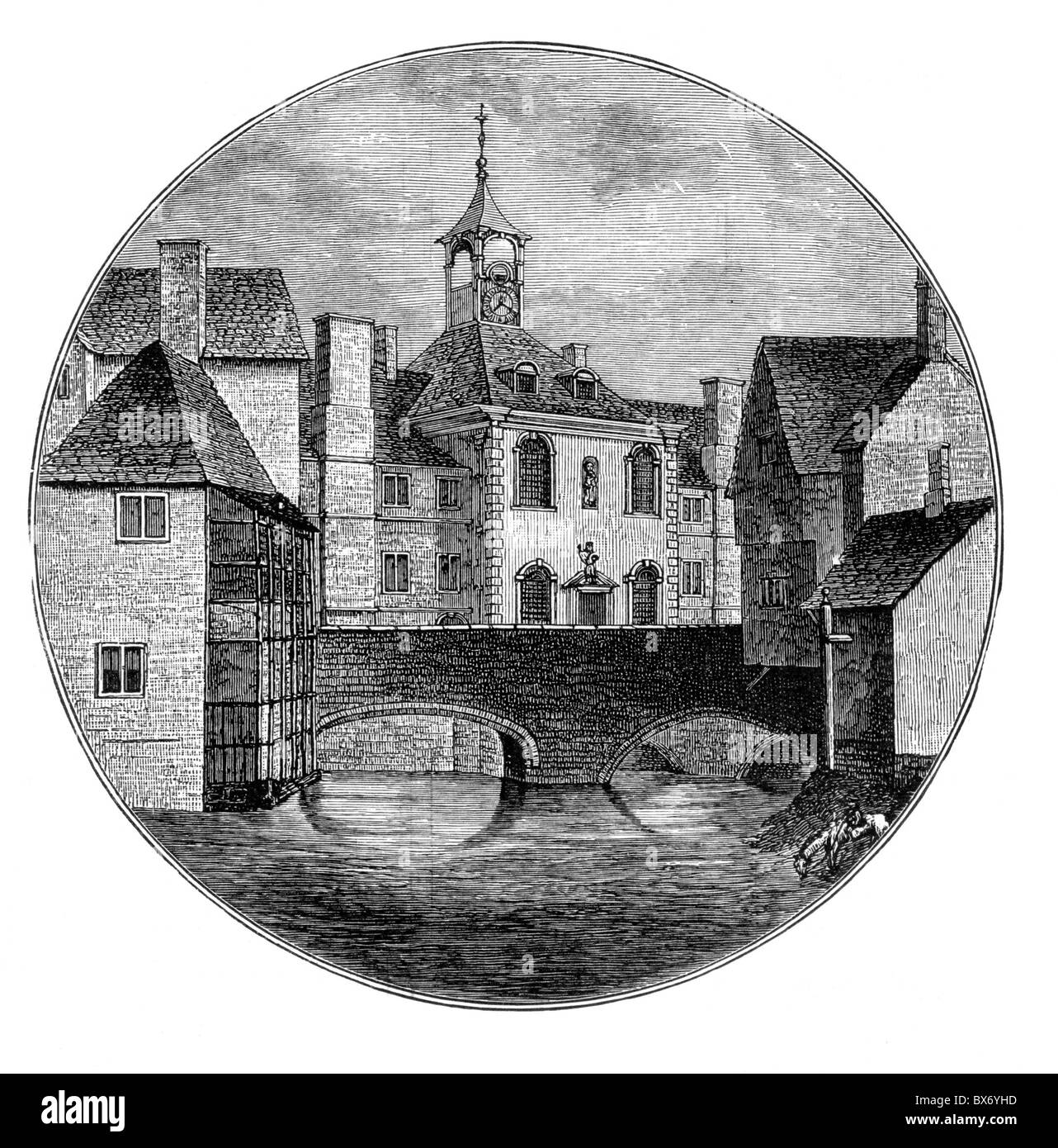 Frome School, Built 1720 and Bridge; Black and White Illustration Stock ...