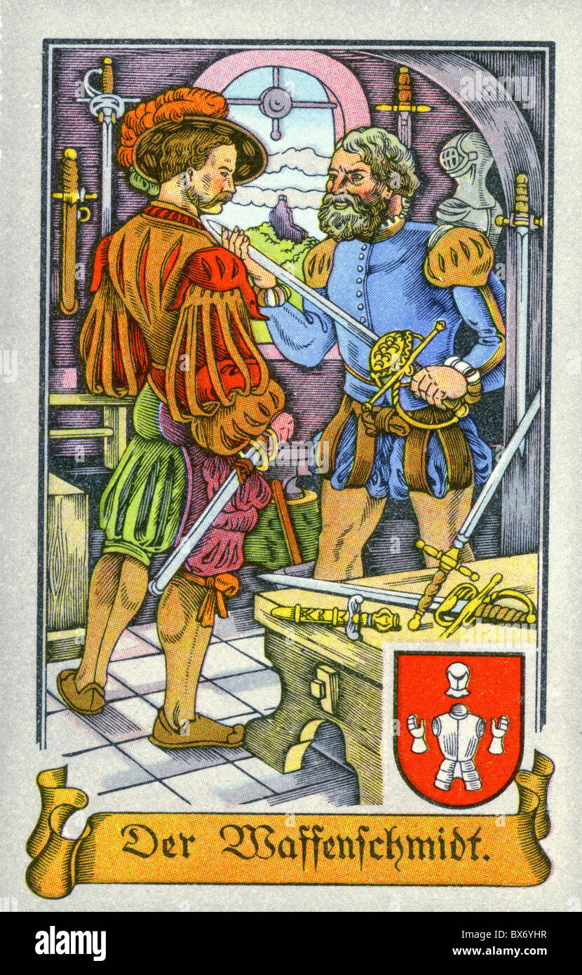people, professions, armourer, circa 1575, colour print, cigarette card ...
