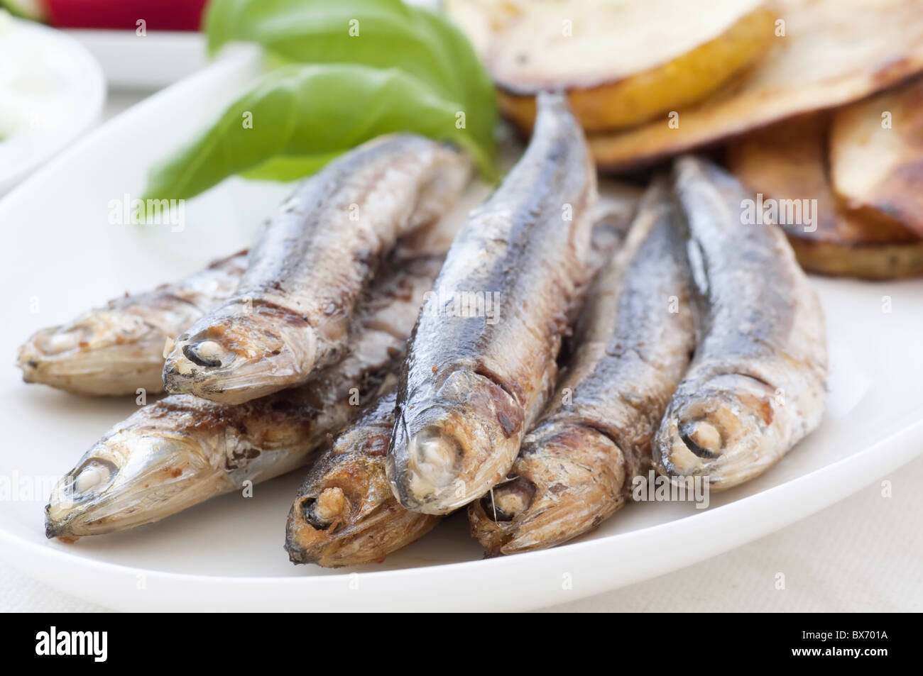 Tapas anchovy with vegetable and zaziki on a white plate Stock Photo ...