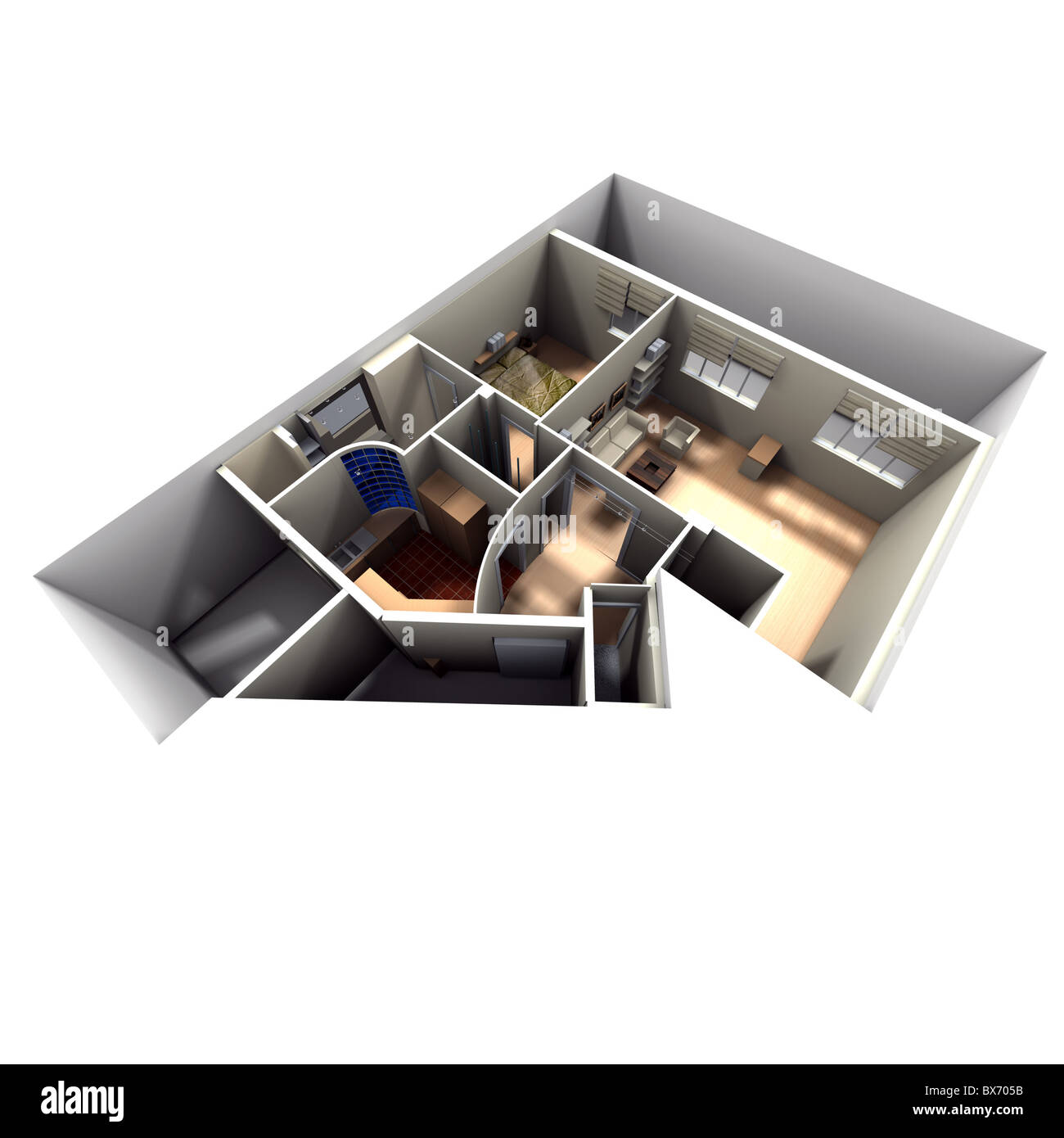 Aerial view of roofless apartment focused on kitchen, living room ...