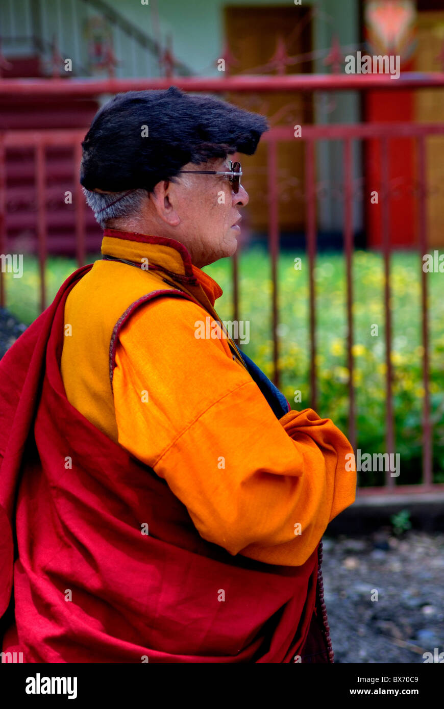 tibetan monk in traditional dress with yak fur cap,sichuan,china Stock ...