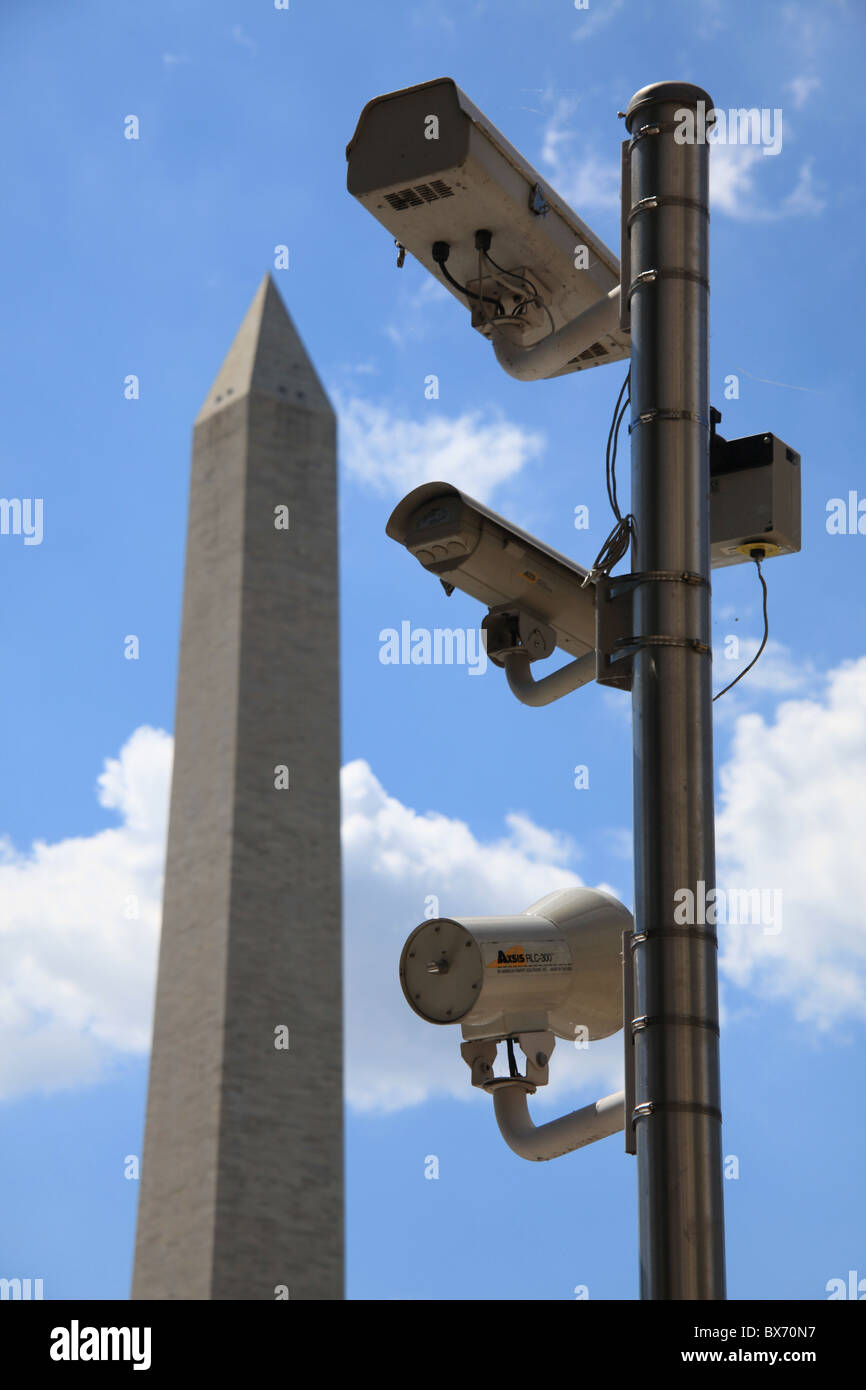 Security cameras mounted on a utility pole near the Washington Monument ...