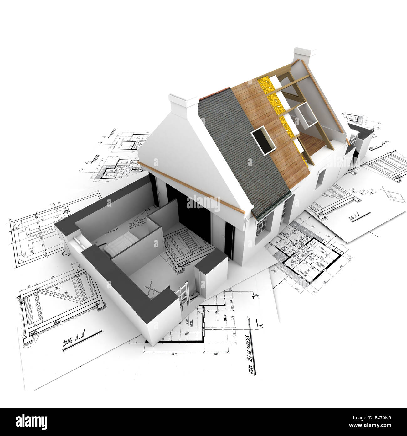 House with exposed roof layers on top of architect blueprints Stock ...