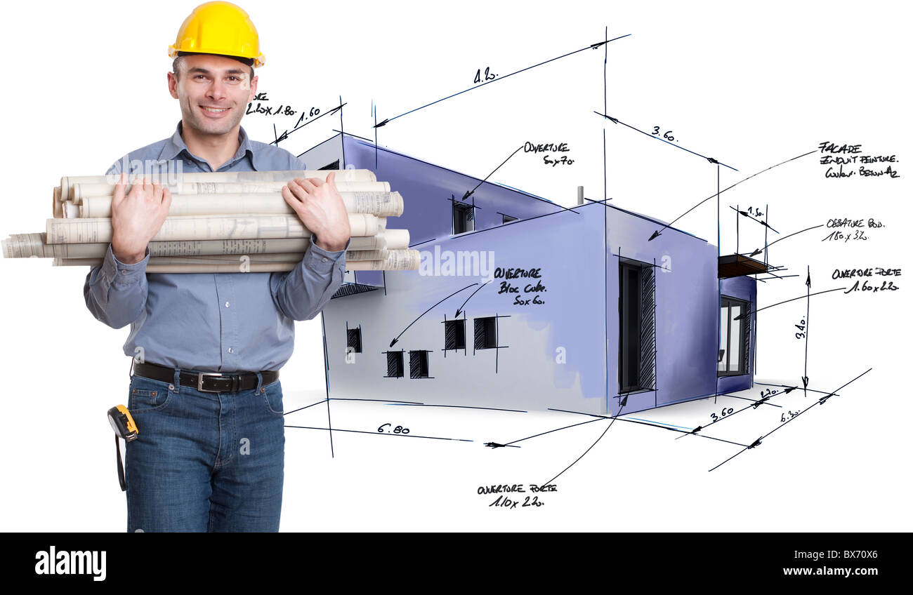 Young architect holding lots of blueprints with a house draft on the ...