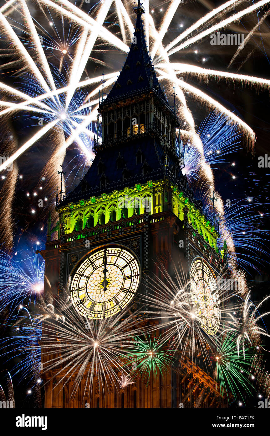 big ben firework london midnight 12 o'clock new year Stock Photo - Alamy