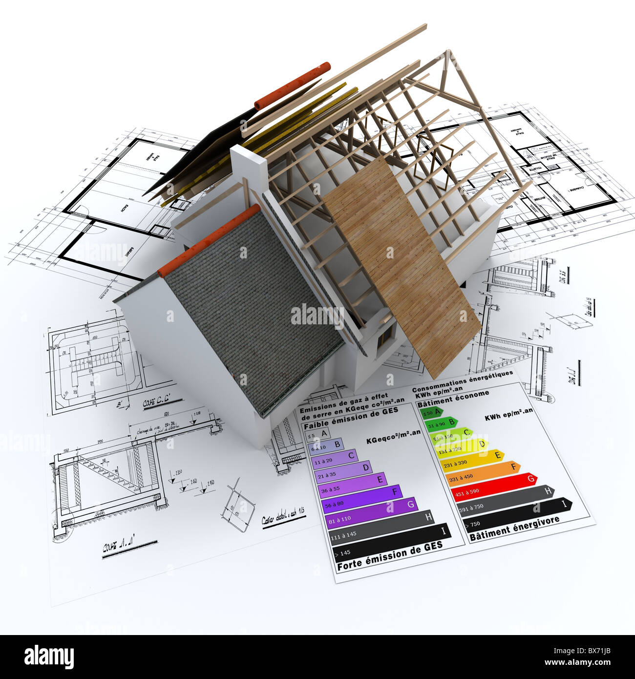 3D rendering of a house in construction, on top of blueprints, with and ...