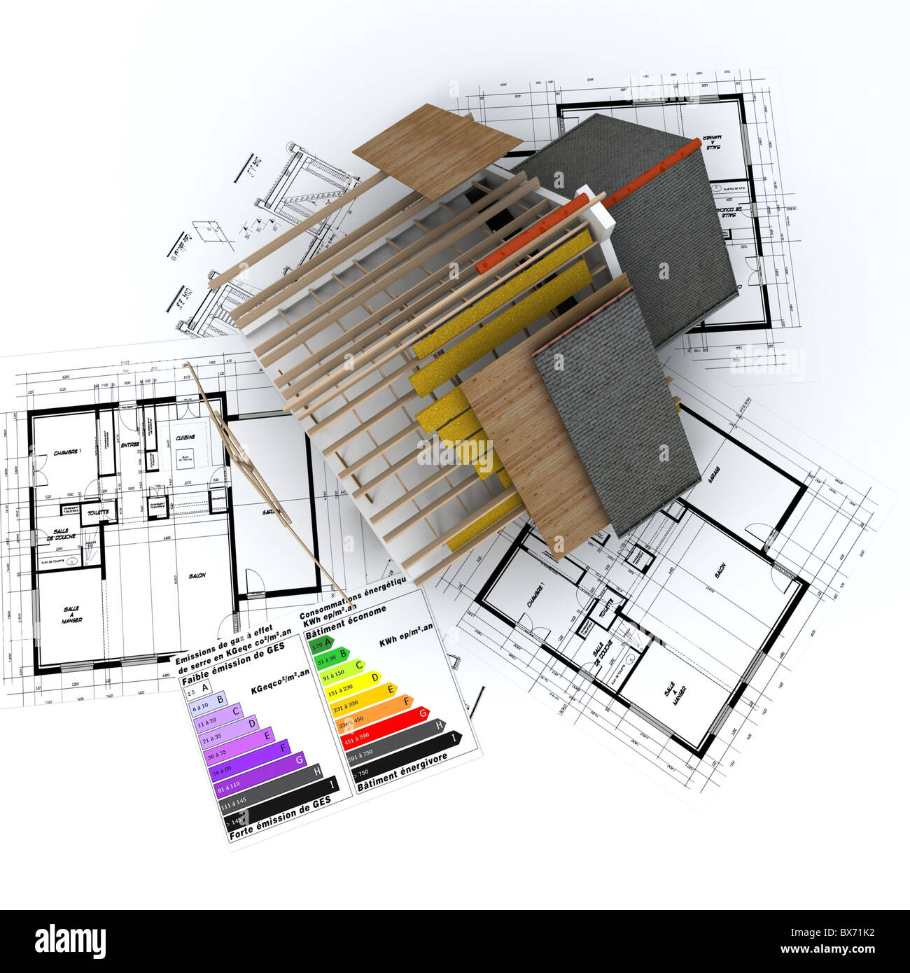 3D rendering of a house in construction, on top of blueprints, with and ...