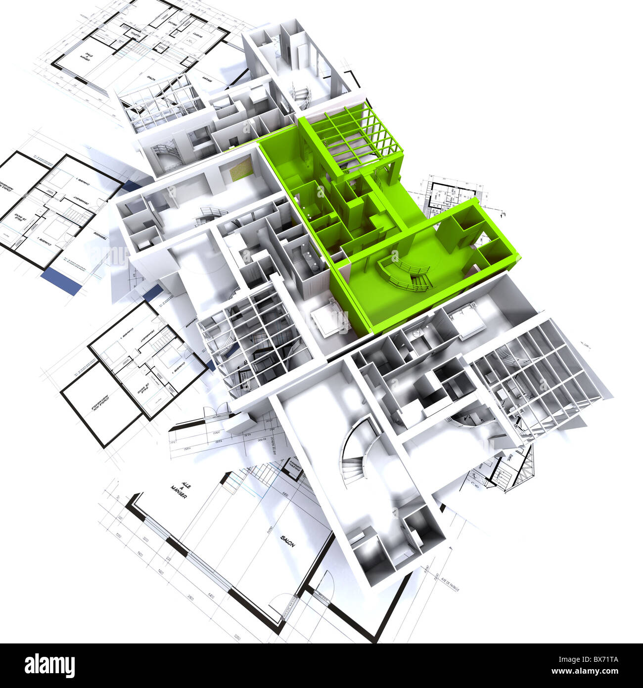 Apartment highlighted in green on a white architecture mockup on top of ...