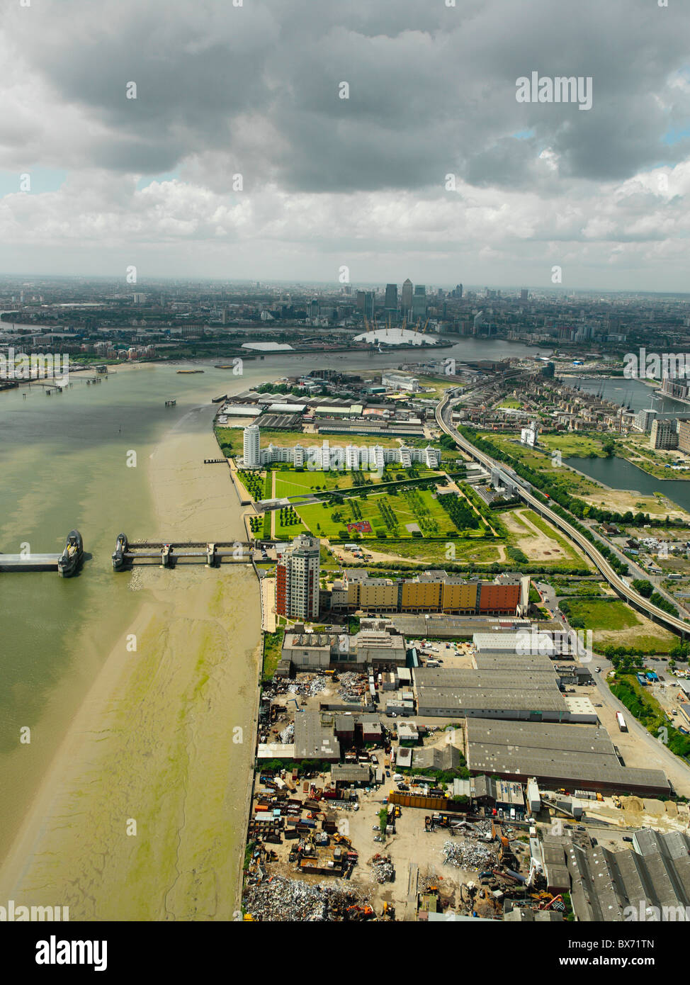 Aerial view of the Thames Gateway near the Thames Barrier UK Stock ...