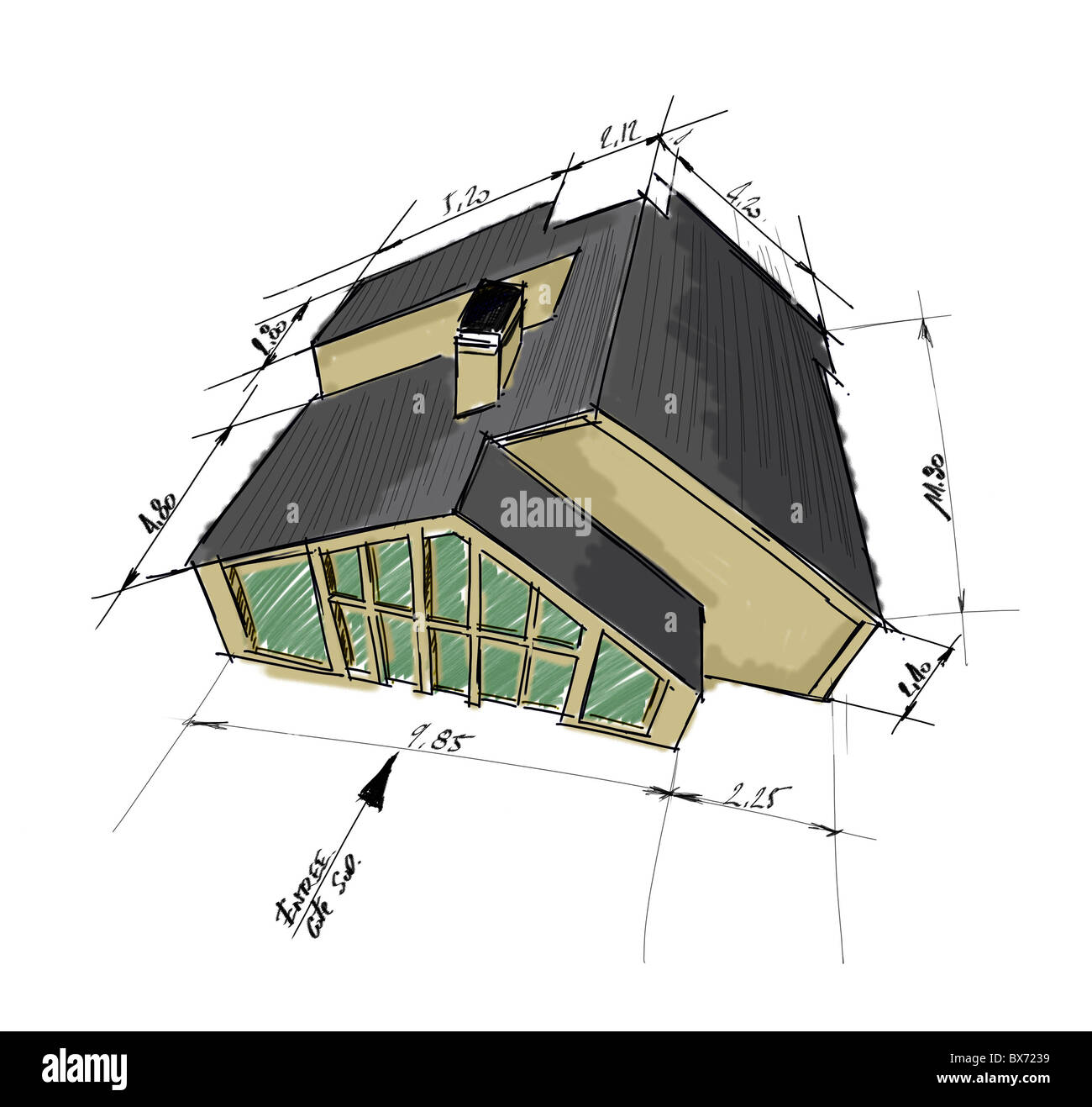 Illustration of a house project draft, with handwritten notes and ...