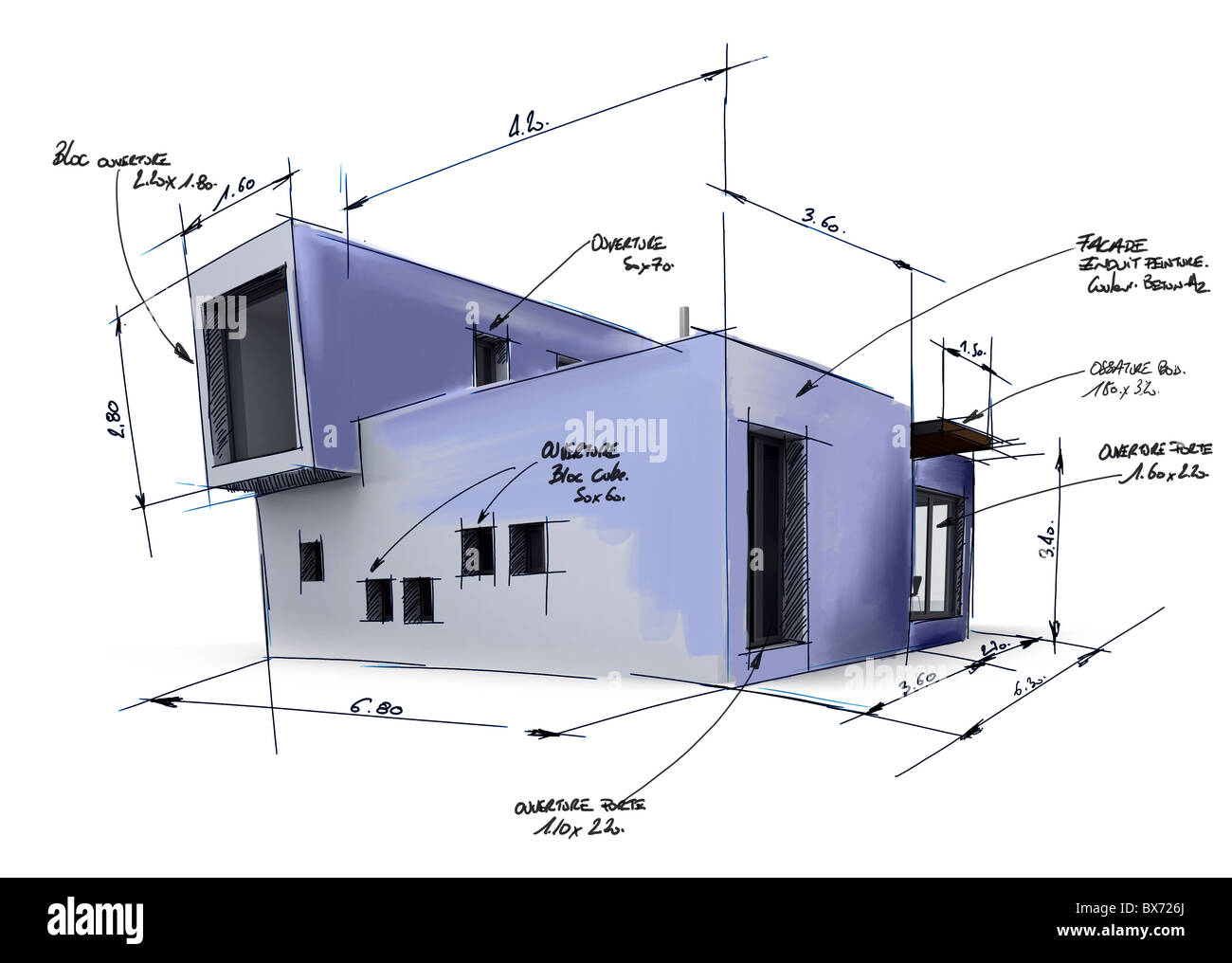 Illustration of a house project draft, with handwritten notes and ...