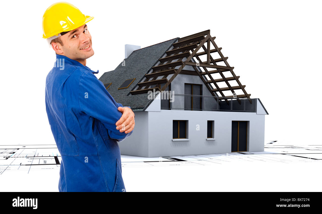 Composition of the construction process with workman, house, blueprints ...