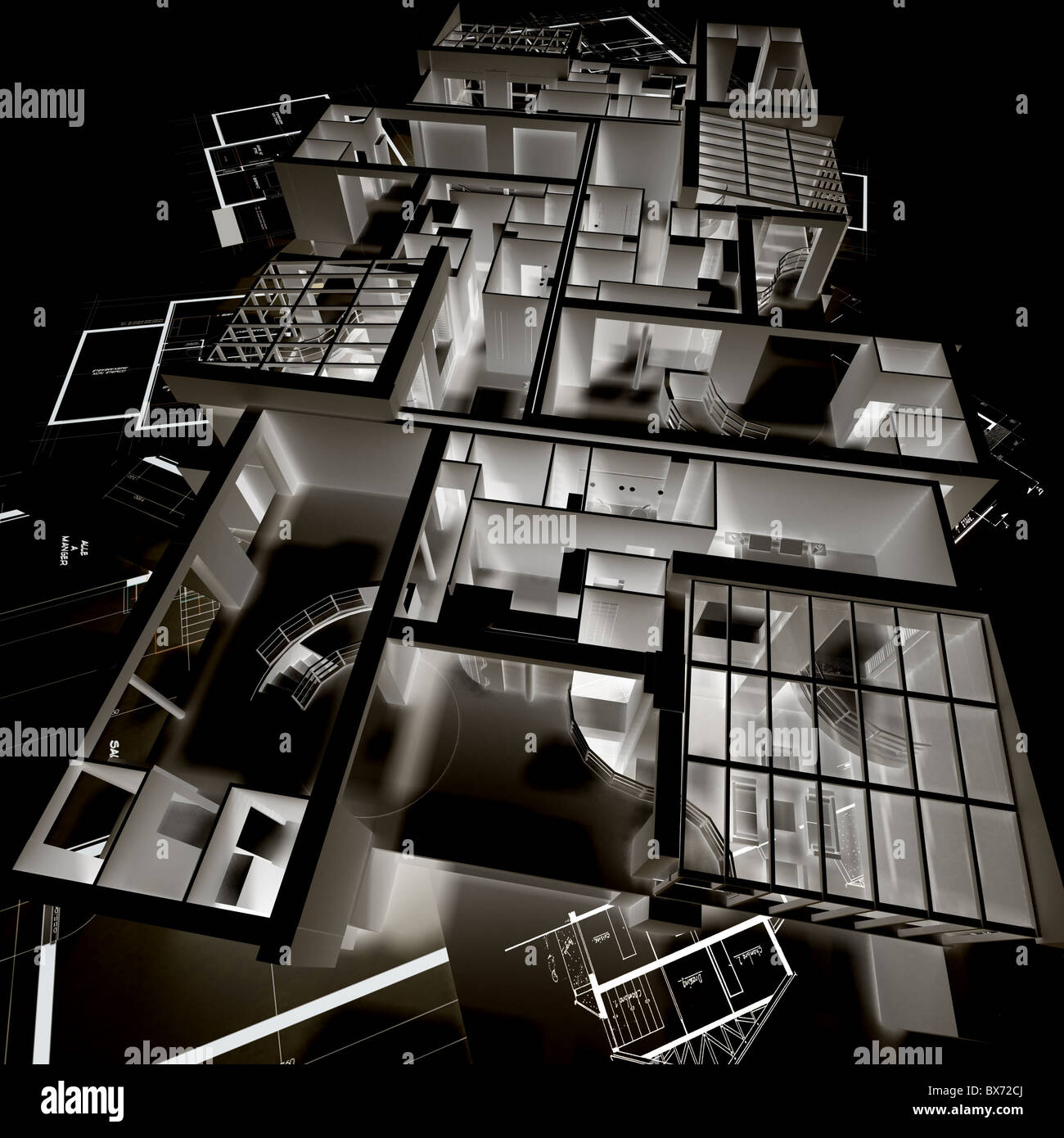 Negative image of an appartment mockup on top of architect's blueprints ...