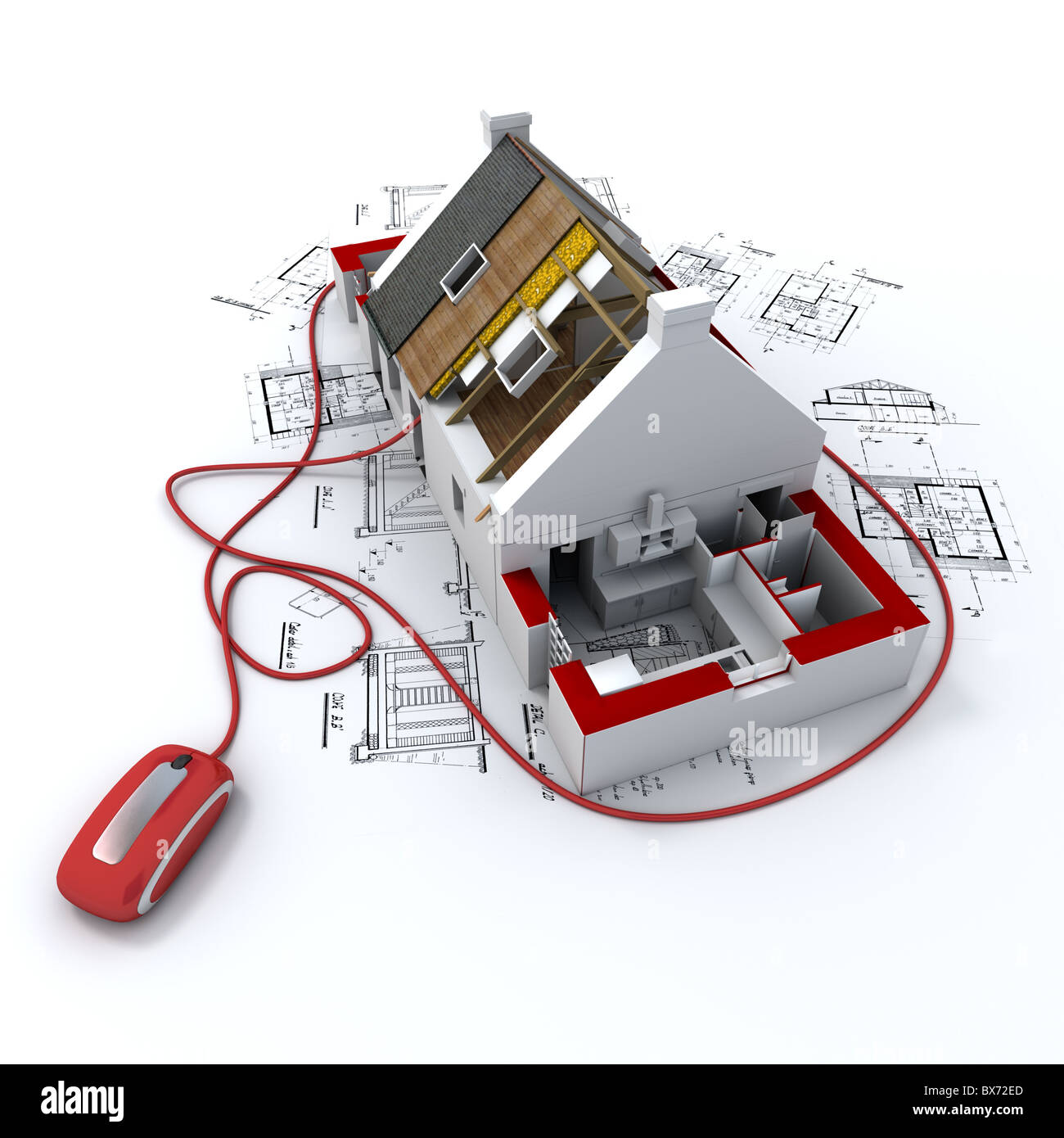 3D rendering of a residential architecture model on top of blueprints ...