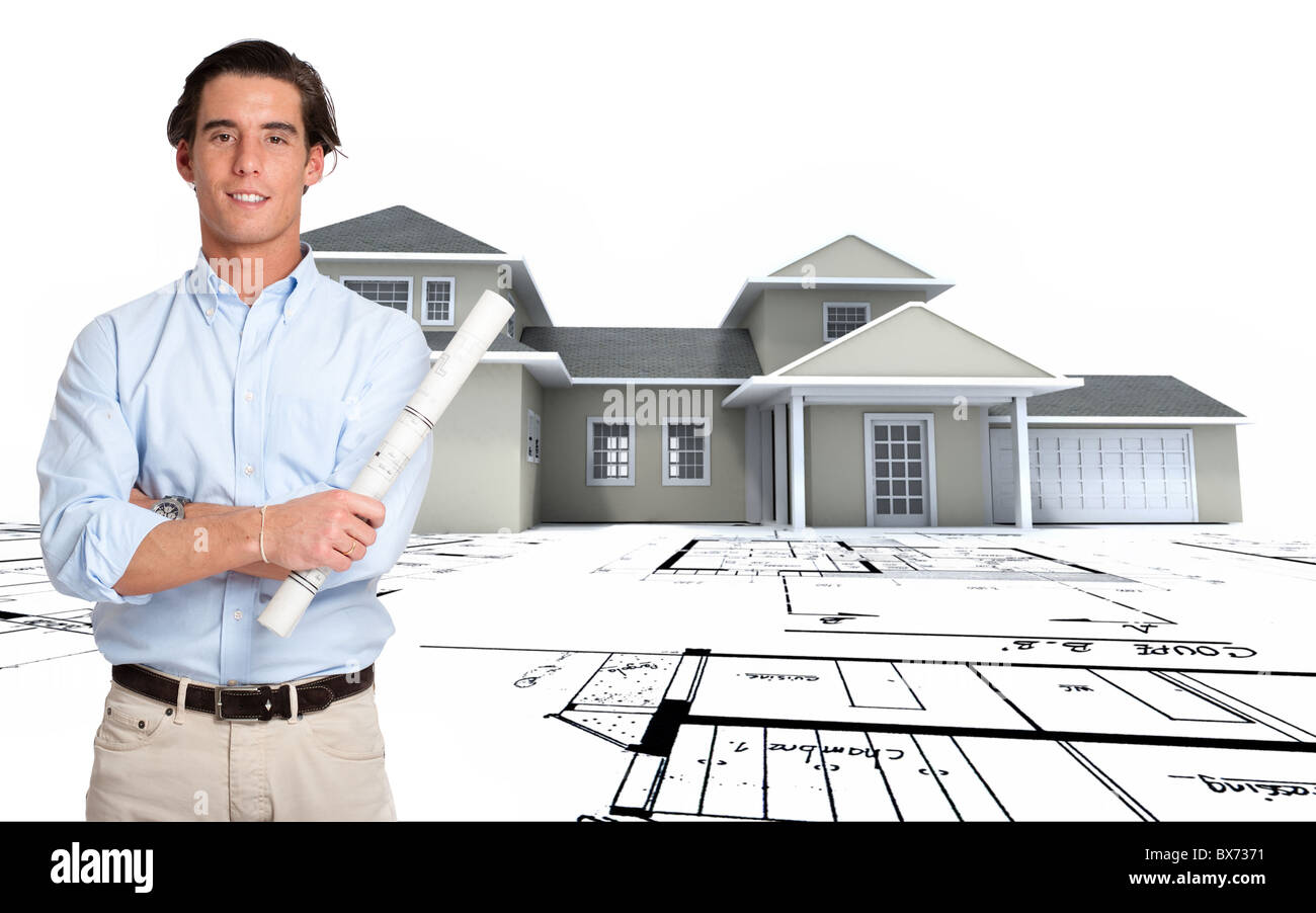 Young man with a roll of blueprints with a house and plans at the ...