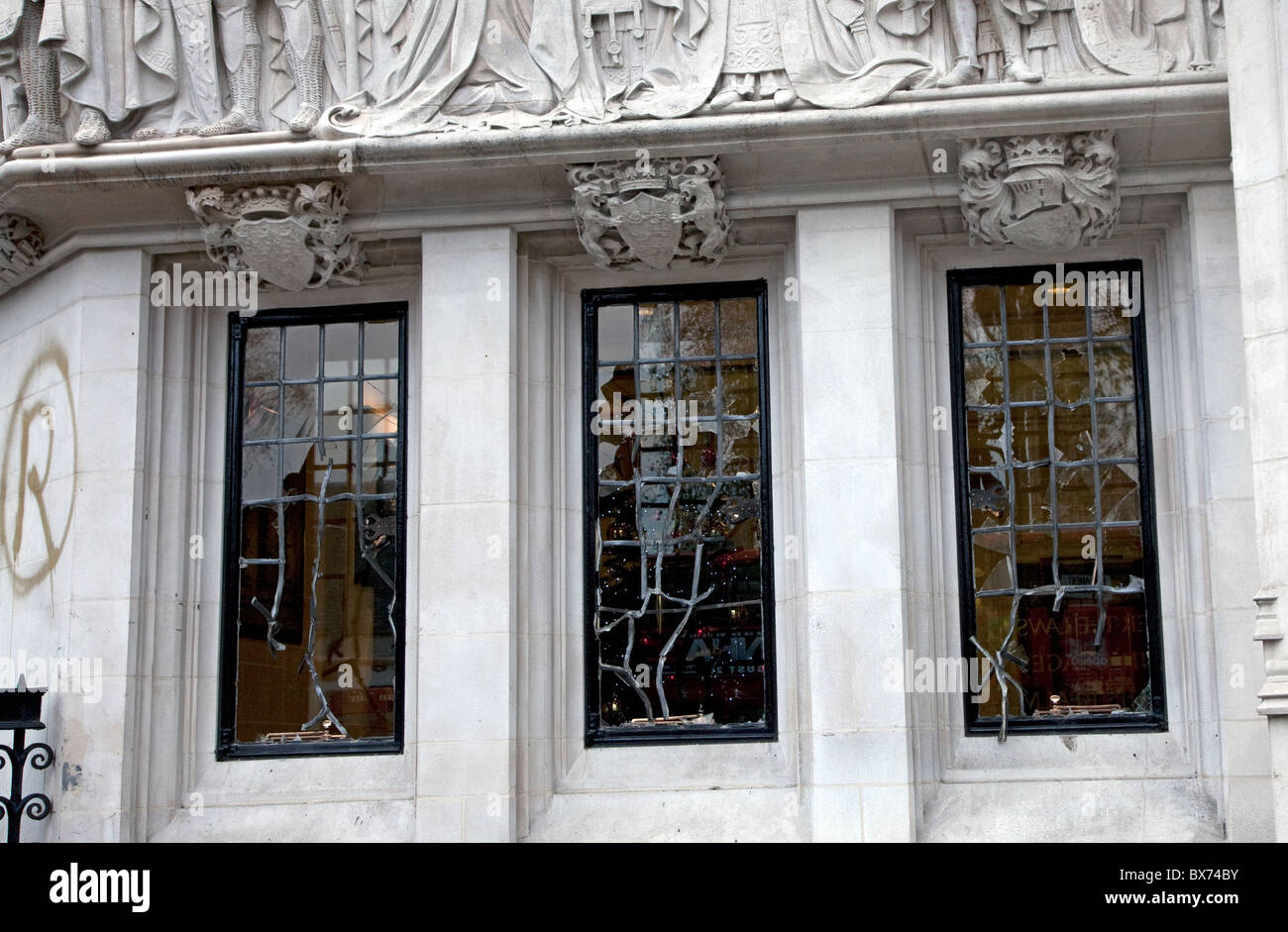 Aftermath of student demonstration in Parliament Square, London: broken ...