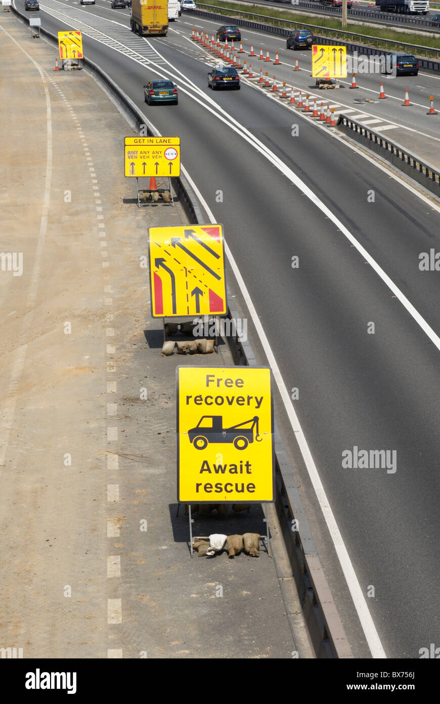 Roadwork signs on the M1 motorway Hertfordshire UK Stock Photo - Alamy